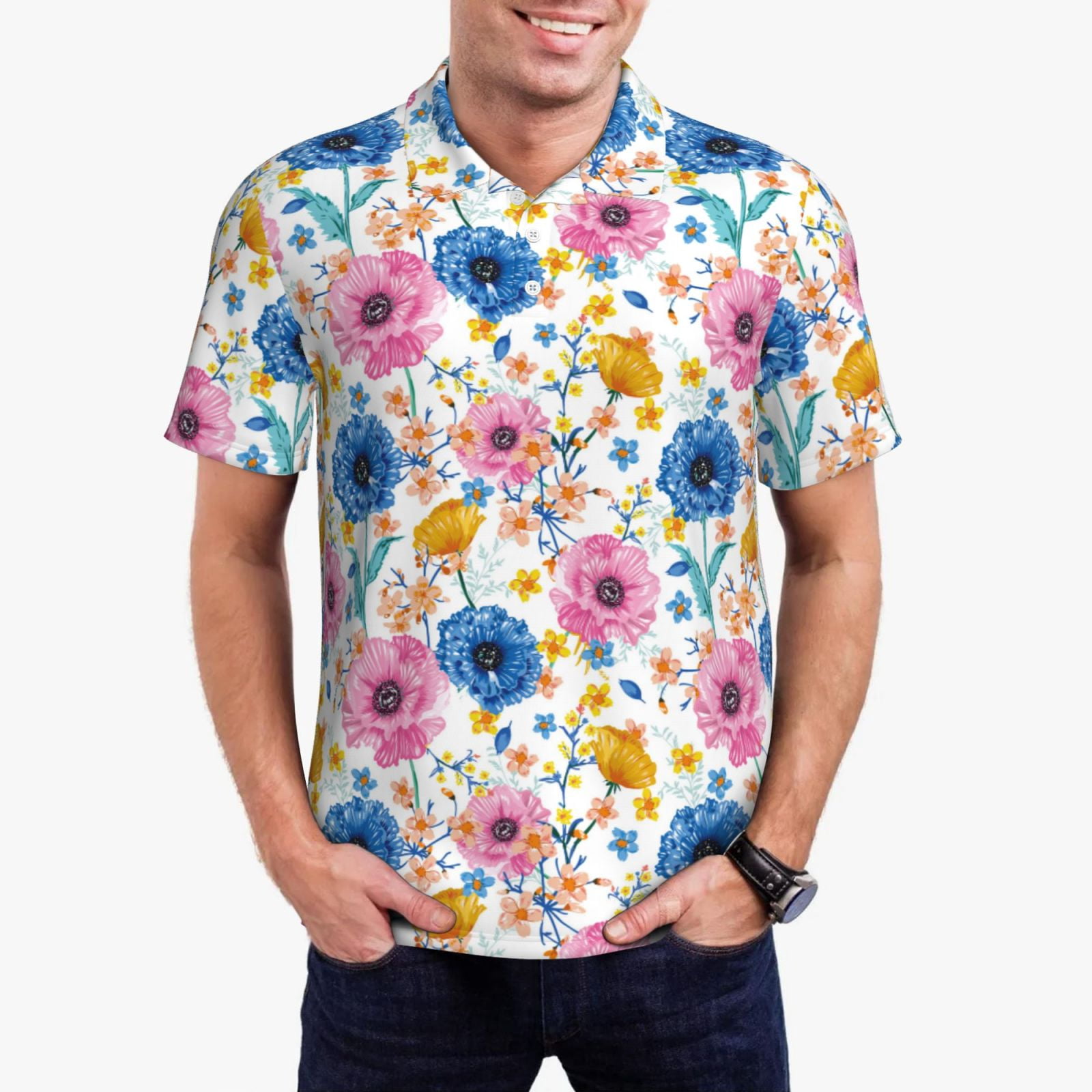Polo Shirts for Men - Blue Pink Yellow Rose Flowers Mens Polo Shirts ...