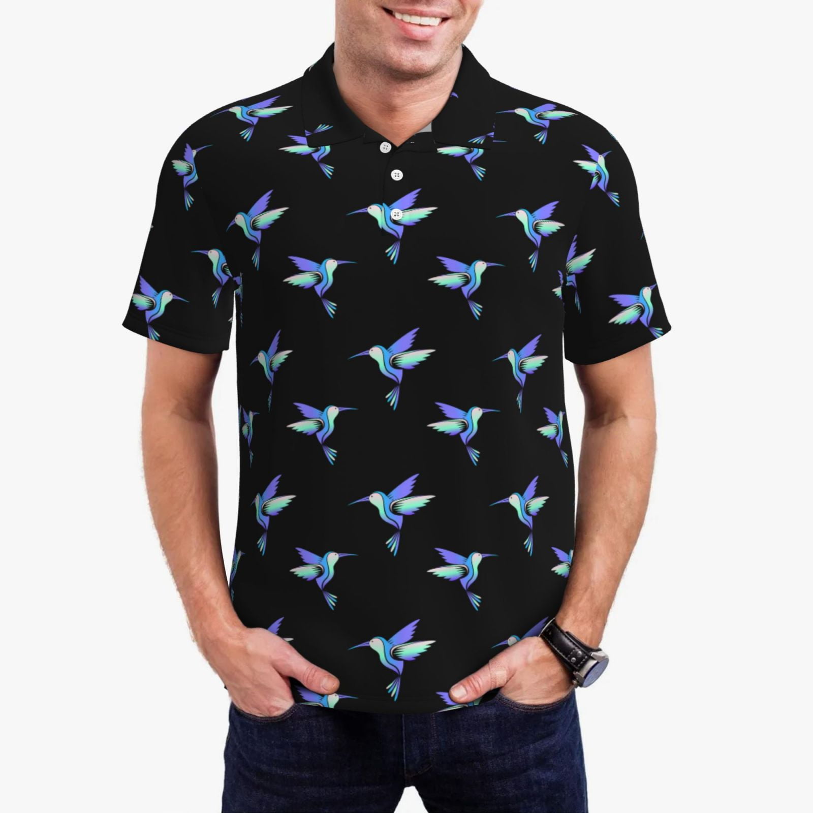 Polo Shirts for Men, Blue Purple Hummingbird Print Cuteness Casual Mens ...