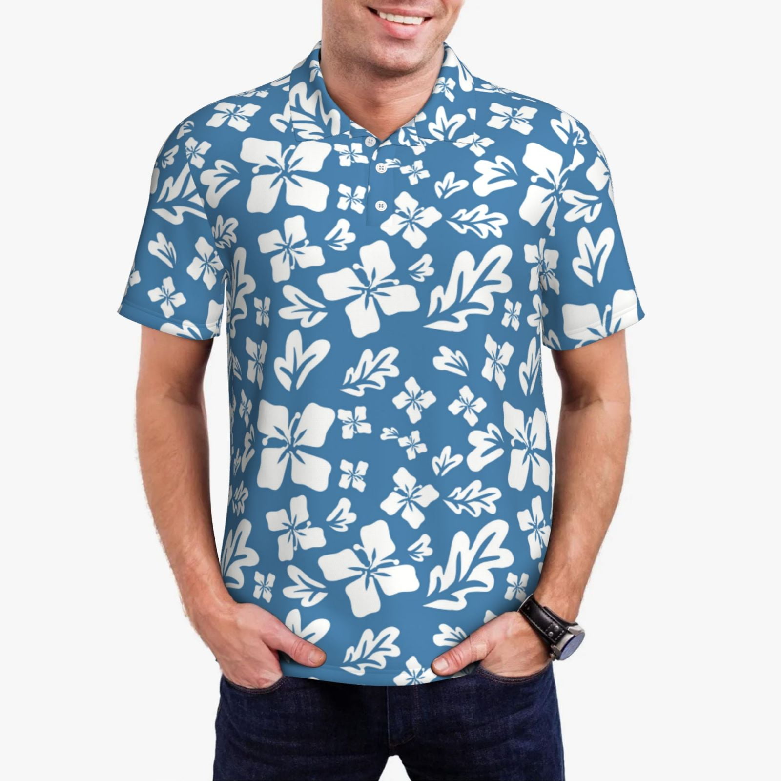 Polo Shirts for Men - Blue White Flower Classic Mens Polo Shirts Casual ...