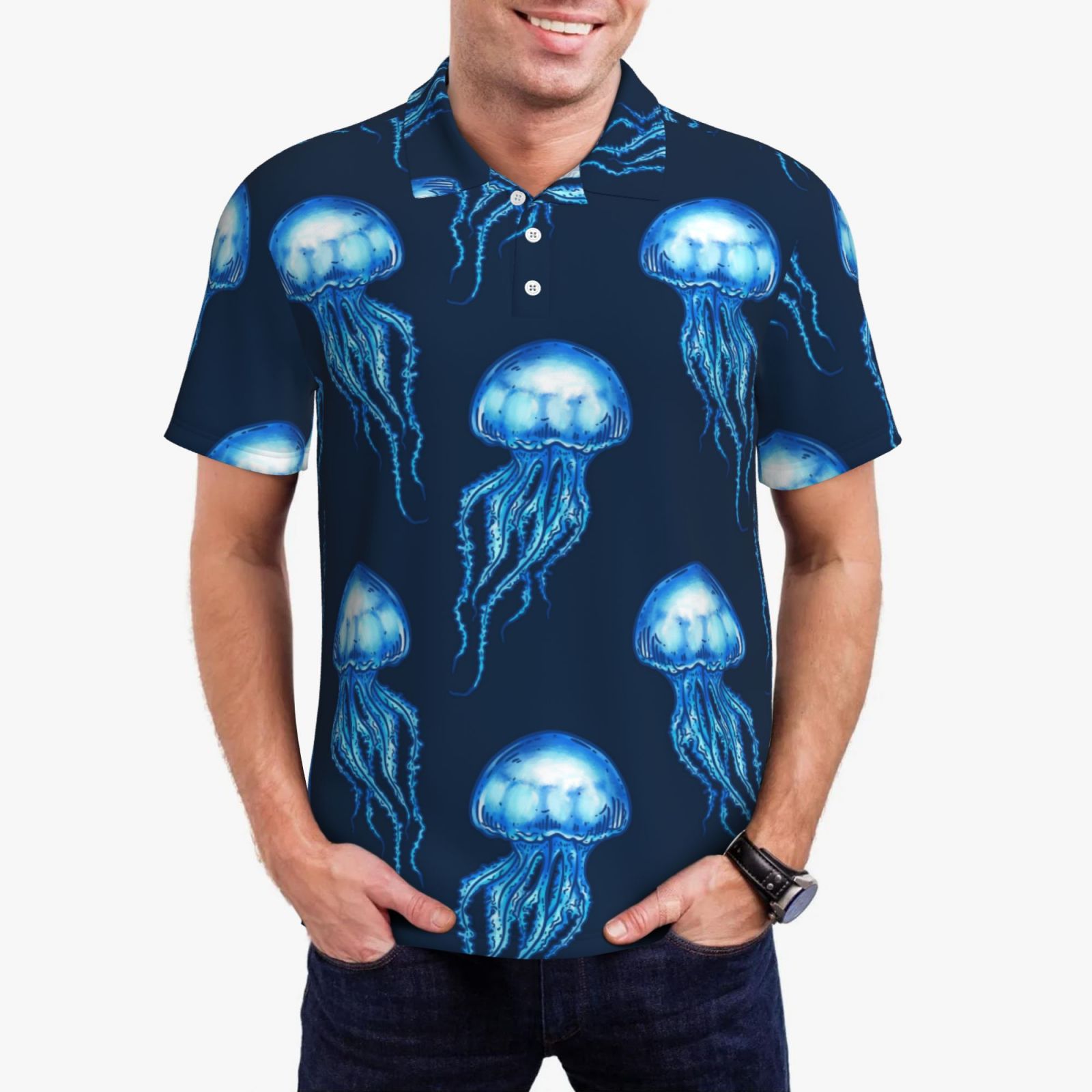 Polo Shirts for Men Blue White Jellyfish Casual Mens Short Sleeve Polo ...