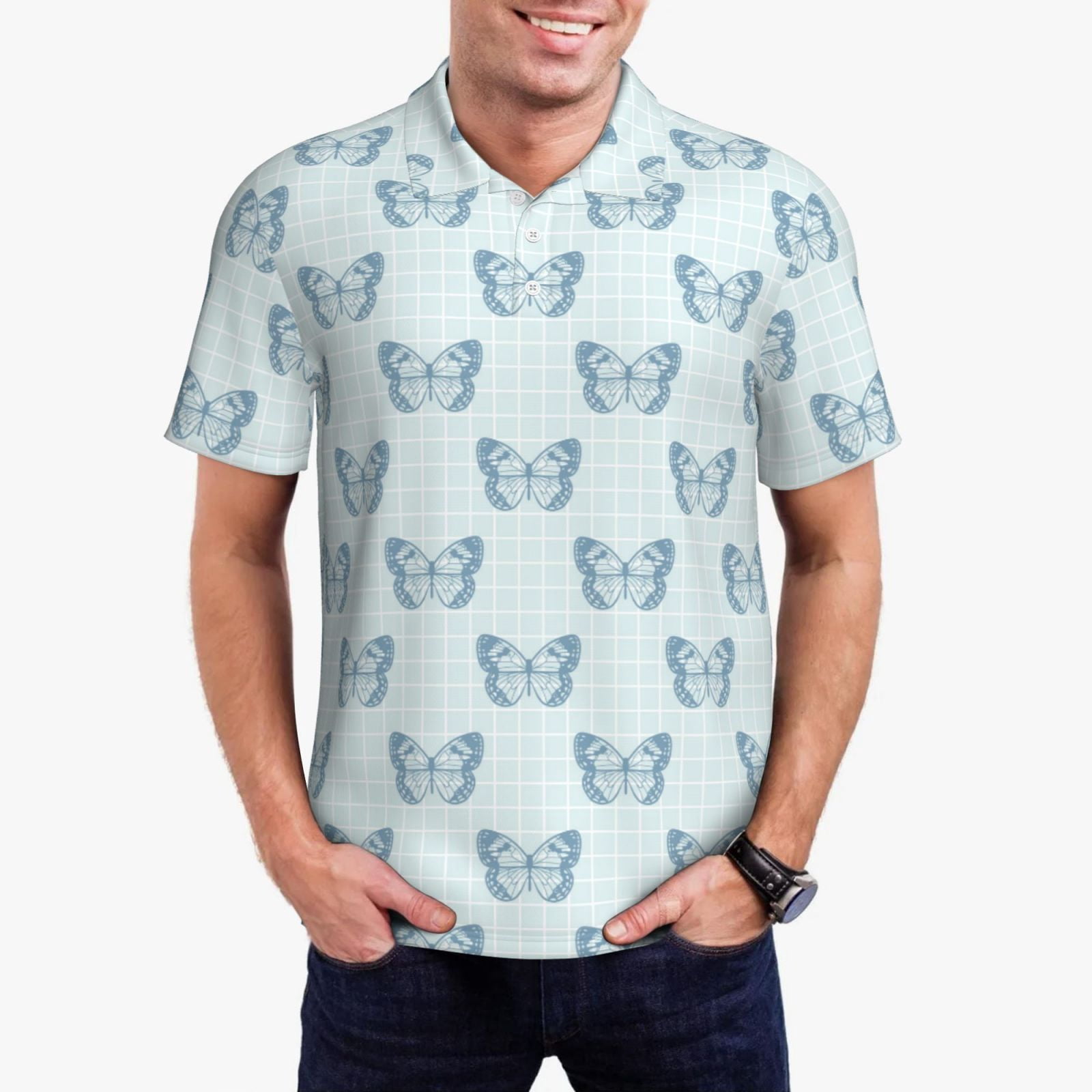 Polo Shirts for Men - Blue butterfly checkered Mens Polo Shirts Short ...