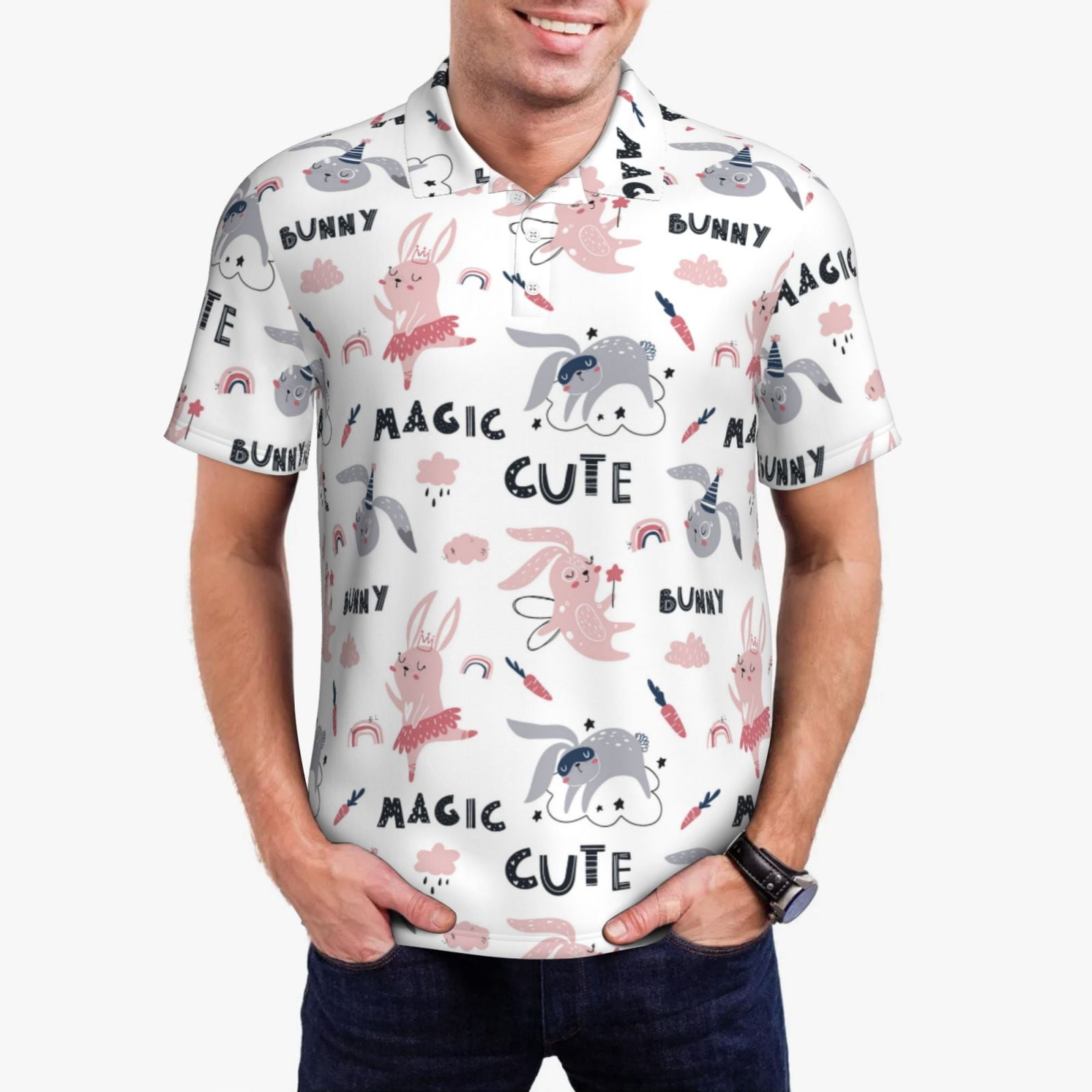 Polo Shirts for Men - Bohemian Cartoon Cute Rabbit Classic Mens Polo ...