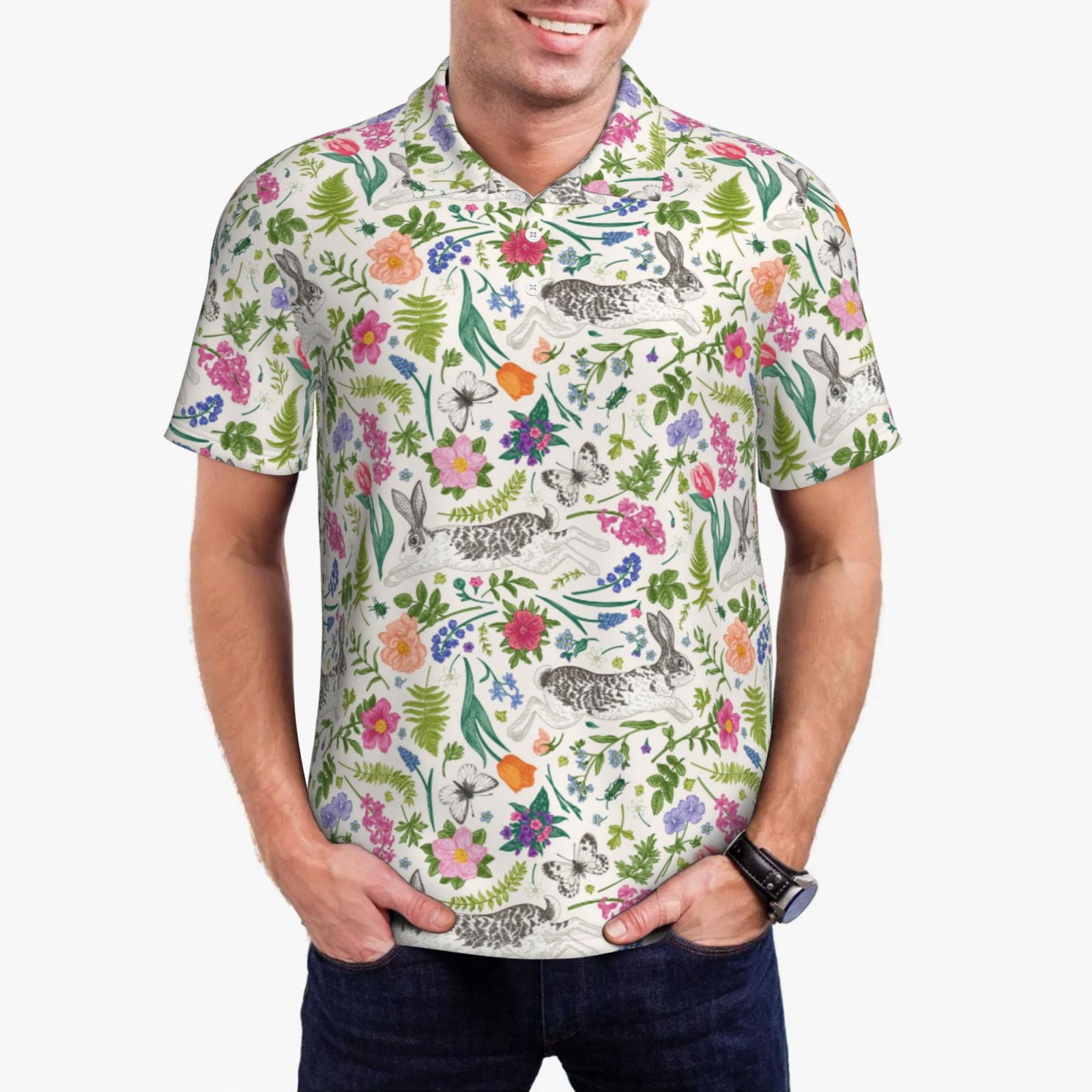 Polo Shirts for Men, Bohemian Cartoon Rabbit Flower Cuteness Casual ...