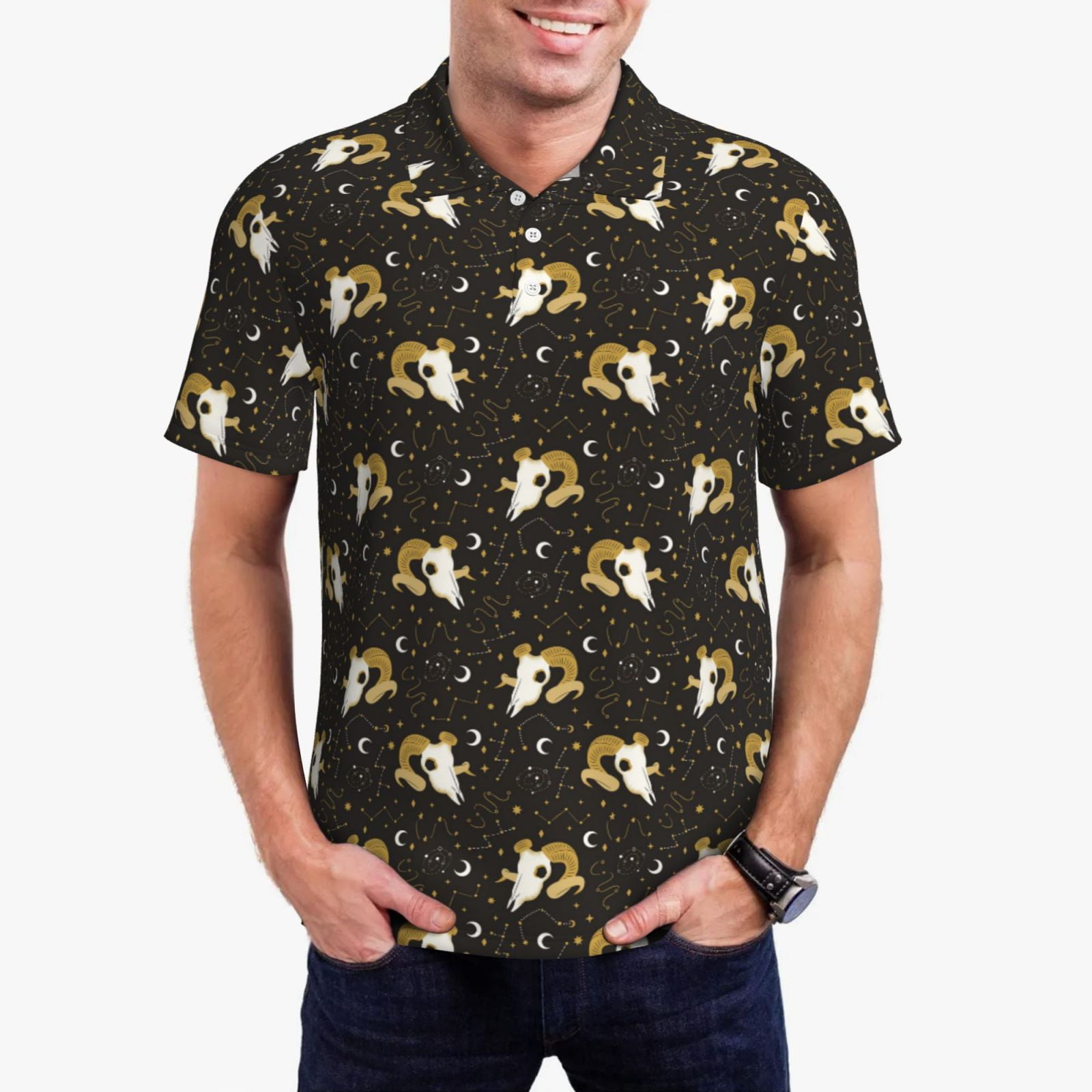 Polo Shirts for Men - Bohemian Cool Goat Skull Mens Polo Shirts Short ...