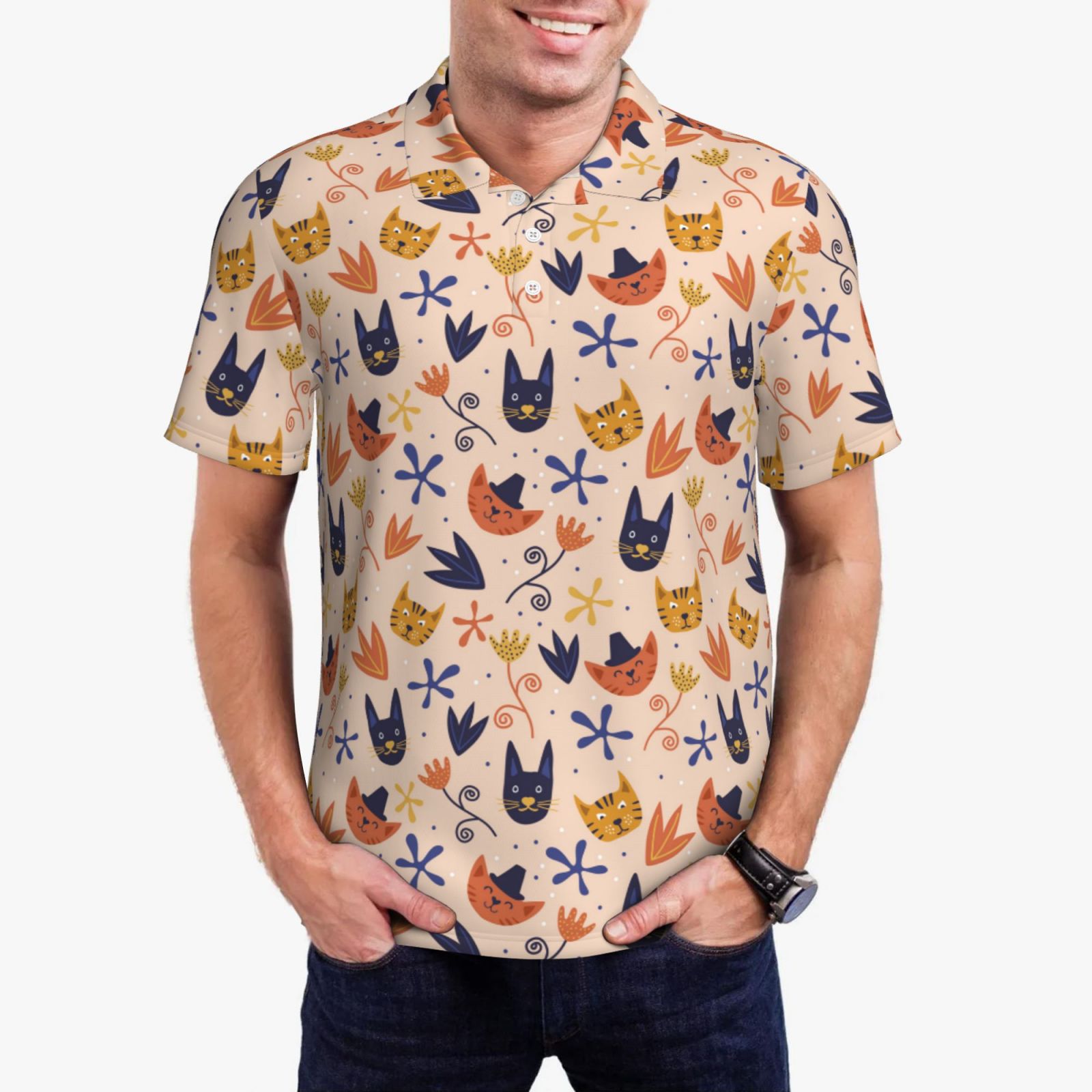 Polo Shirts for Men - Bohemian Cute Cartoon Cat Classic Mens Polo ...