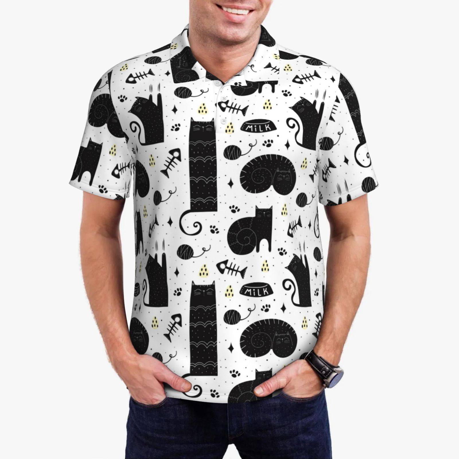 Polo Shirts for Men - Bohemian Cute Cat Fishbone Classic Mens Polo ...