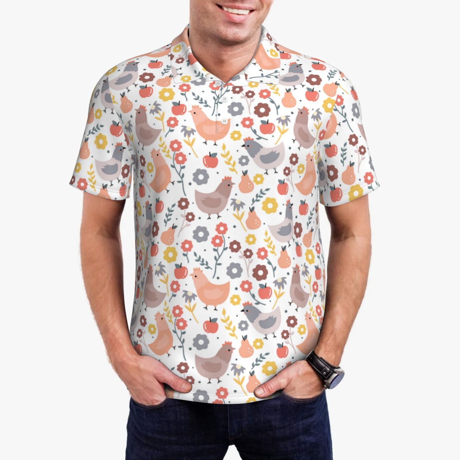 Polo Shirts for Men - Bohemian Cute Chicken Flower Mens Polo Shirts ...