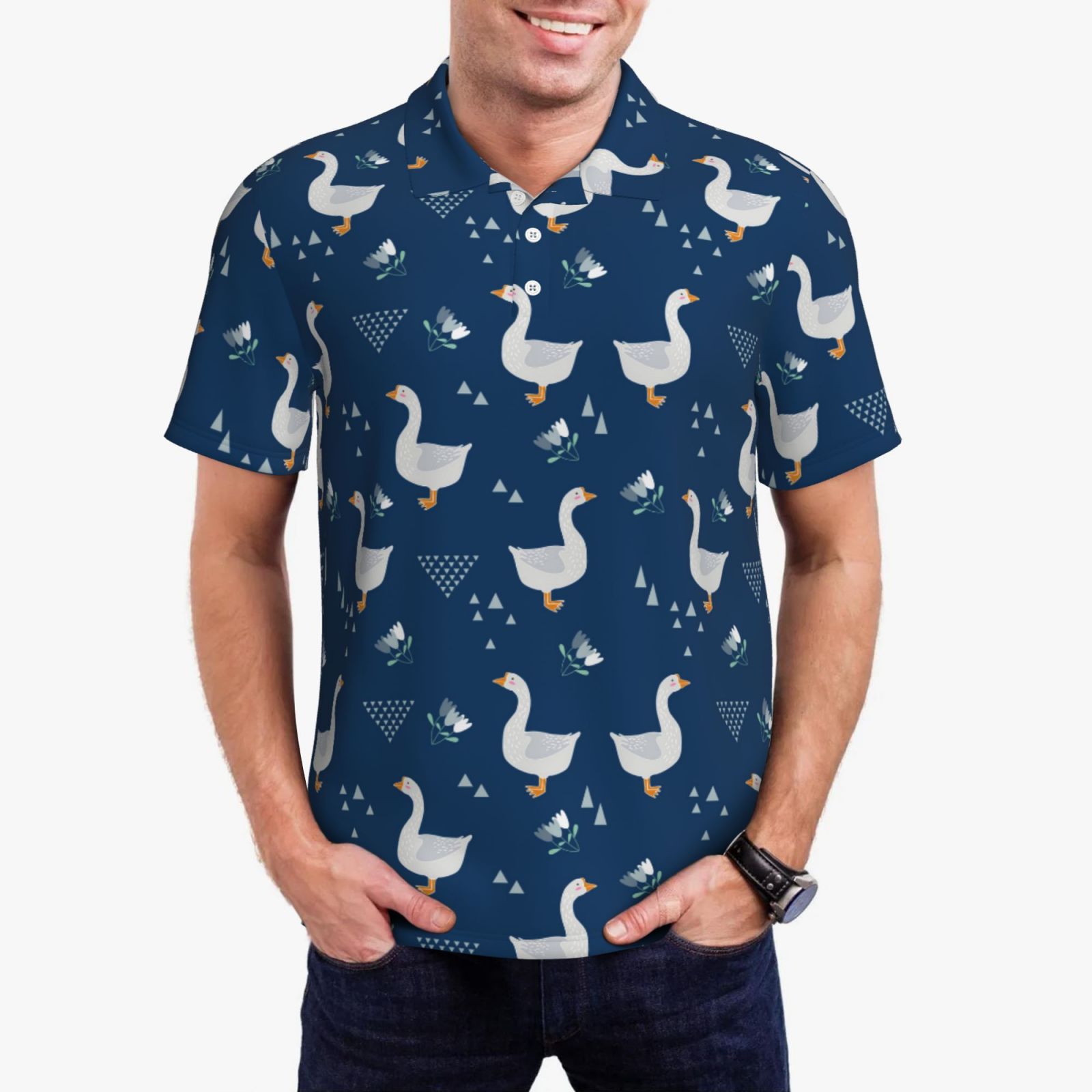 Polo Shirts for Men, Bohemian Cute Duck Navy Blue Cuteness Casual Mens ...