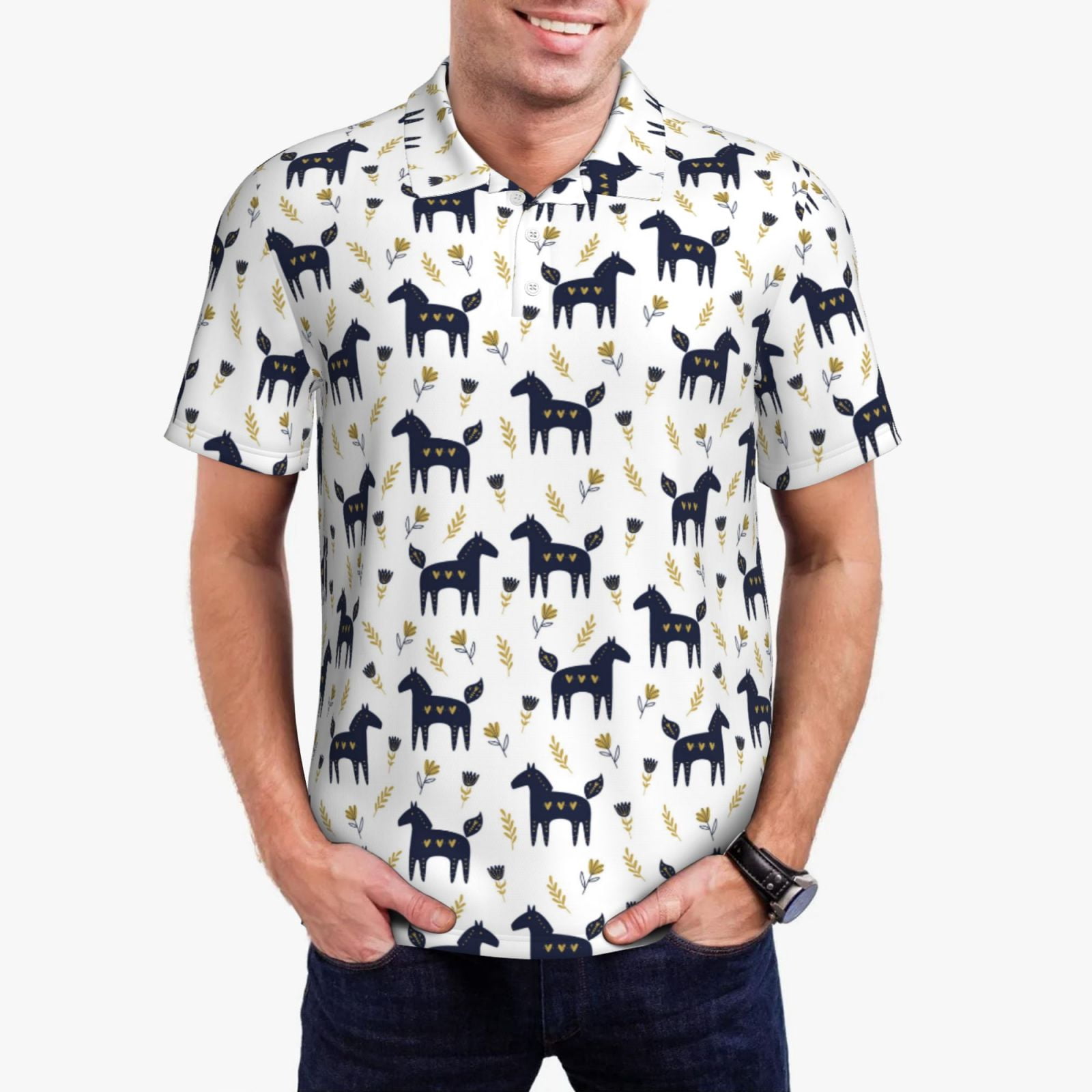 Polo Shirts for Men - Bohemian Cute Horse Flower Mens Polo Shirts Short ...