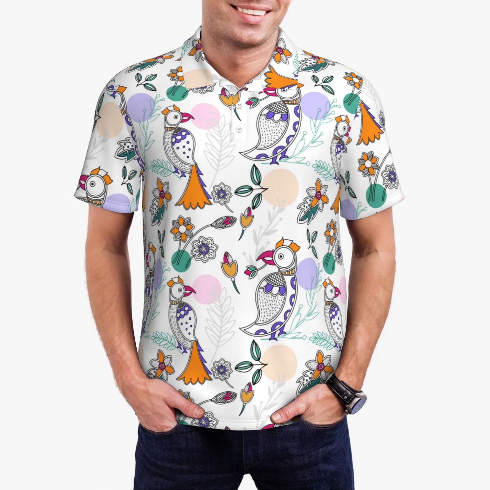 Polo Shirts for Men - Bohemian Cute Parrot Flower Mens Polo Shirts ...