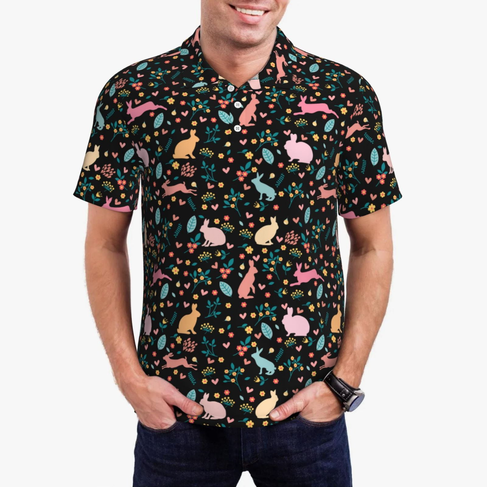 Polo Shirts for Men - Bohemian Cute Rabbit Flower Classic Mens Polo ...