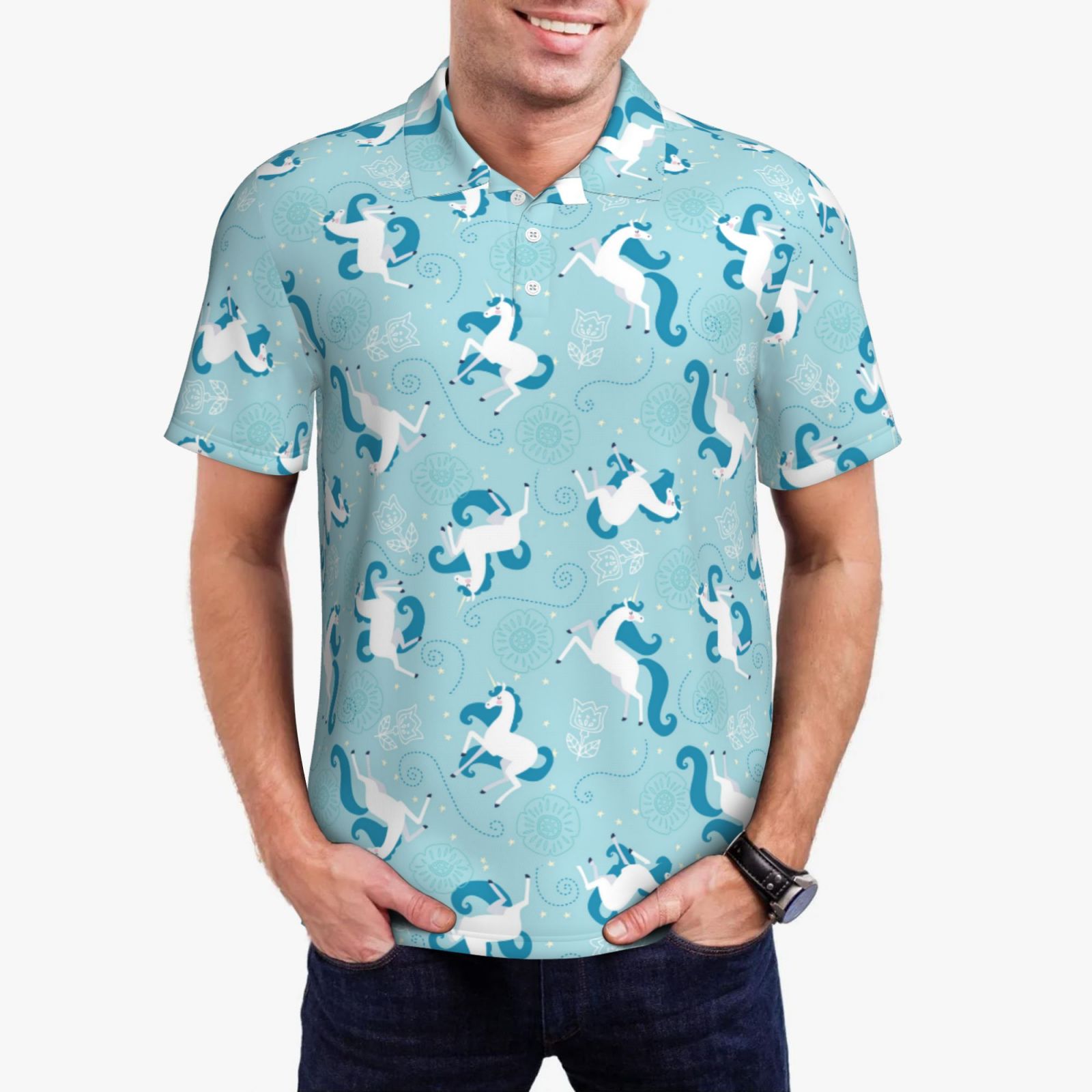 Polo Shirts for Men Bohemian Cute White Horse Flower Casual Mens Short ...