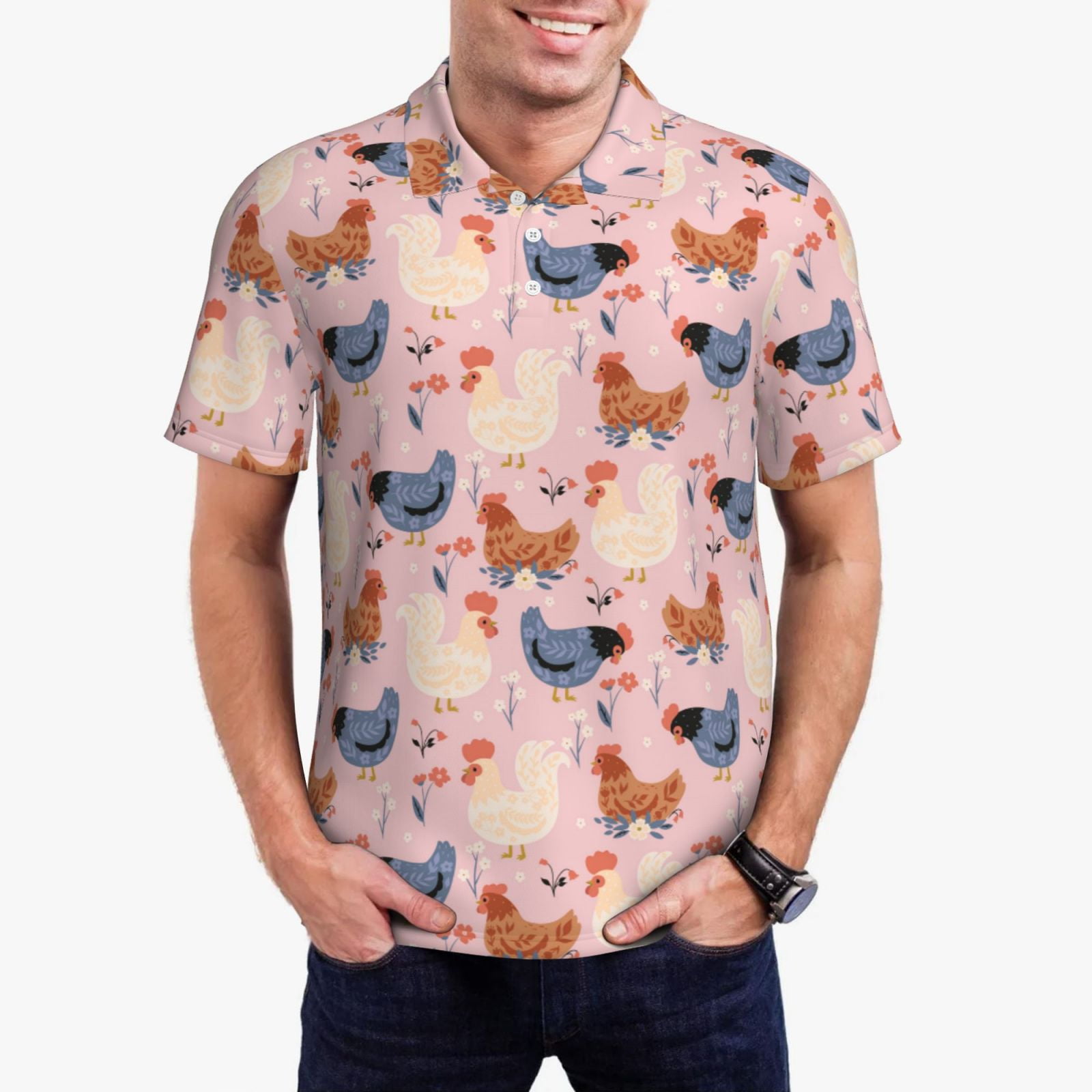 Polo Shirts for Men, Bohemian Pattern Chicken Flower Cuteness Casual ...