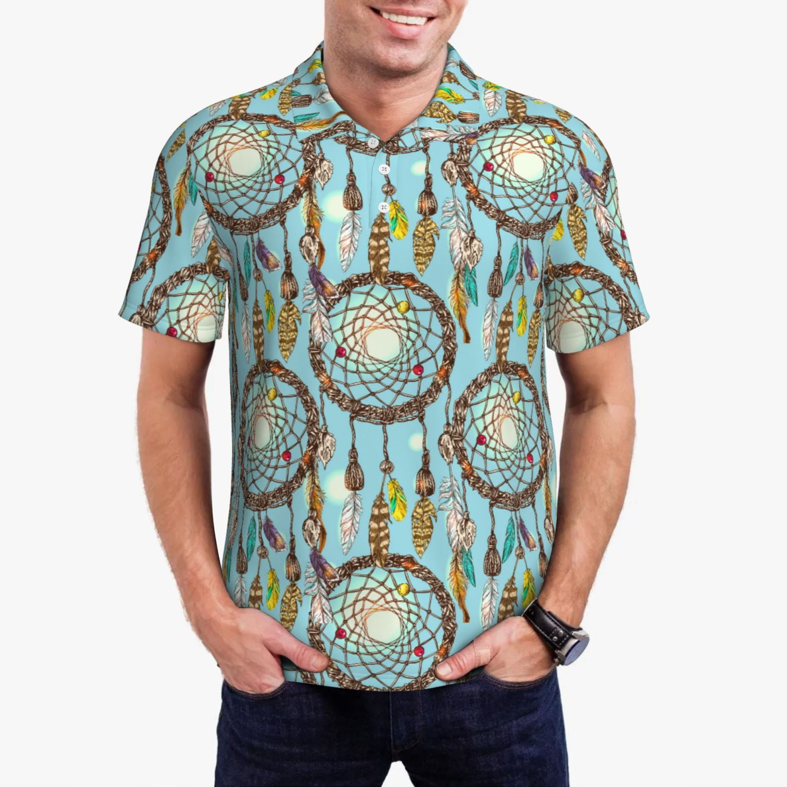 Polo Shirts for Men Boho Dreamcatcher 1 Casual Mens Short Sleeve Polo ...