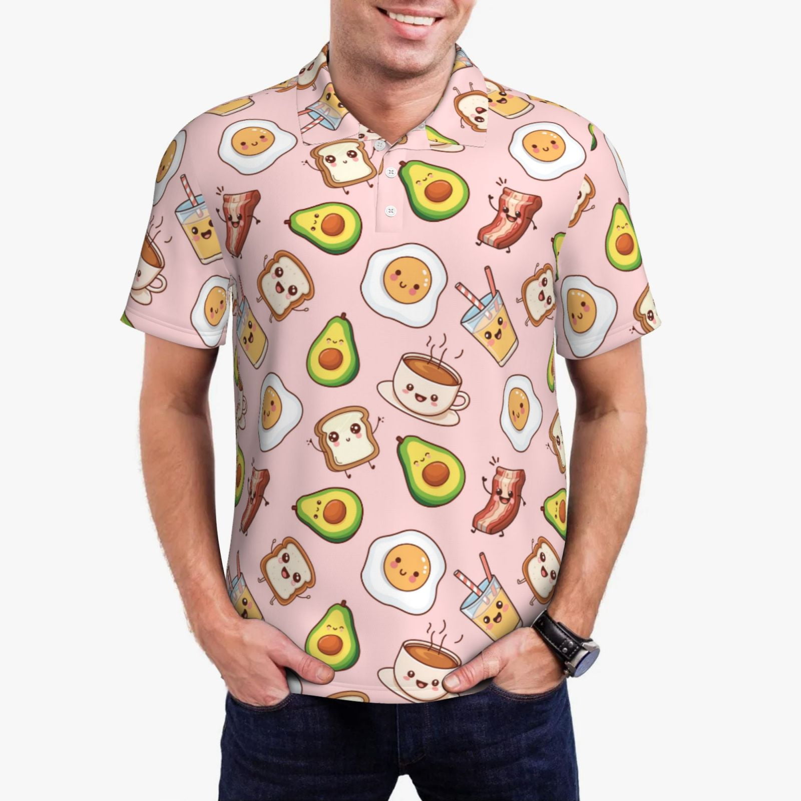 Polo Shirts for Men - Breakfast Classic Mens Polo Shirts Casual Short Sleeve Button Down Mens ...