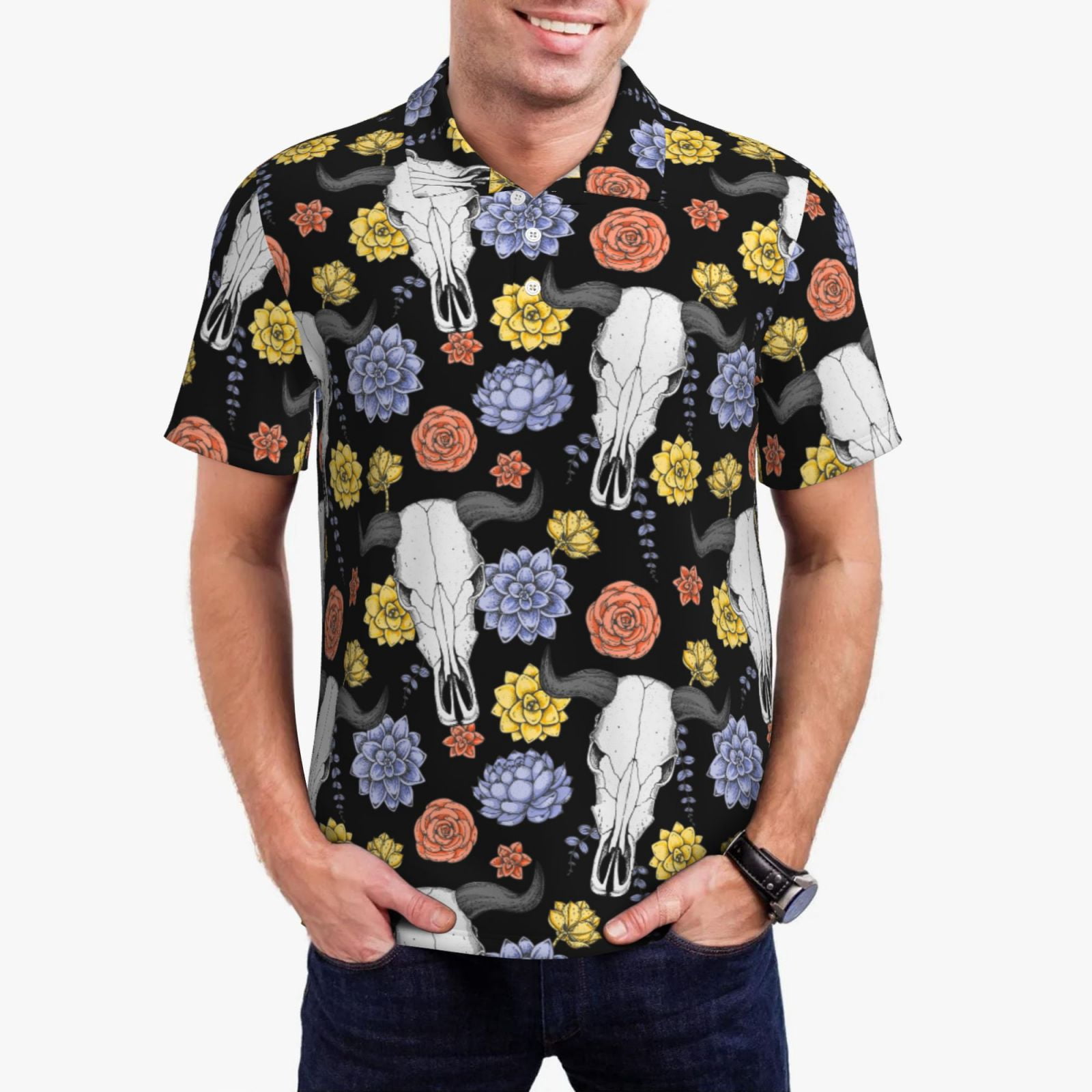Polo Shirts for Men, Buffalo Skull flowers Exotic Cuteness Casual Mens ...