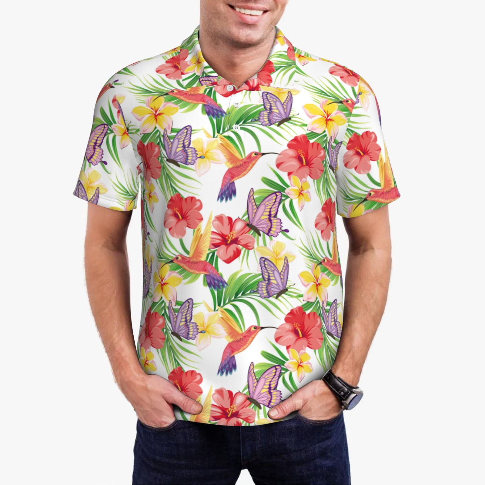 Polo Shirts for Men Butterflies Flowers Hummingbirds Casual Mens Short ...