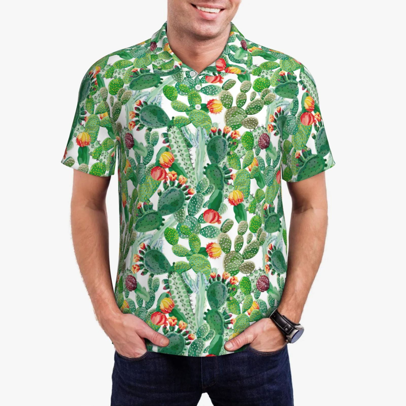 Polo Shirts for Men - Cactus blooming green Mens Polo Shirts Short ...