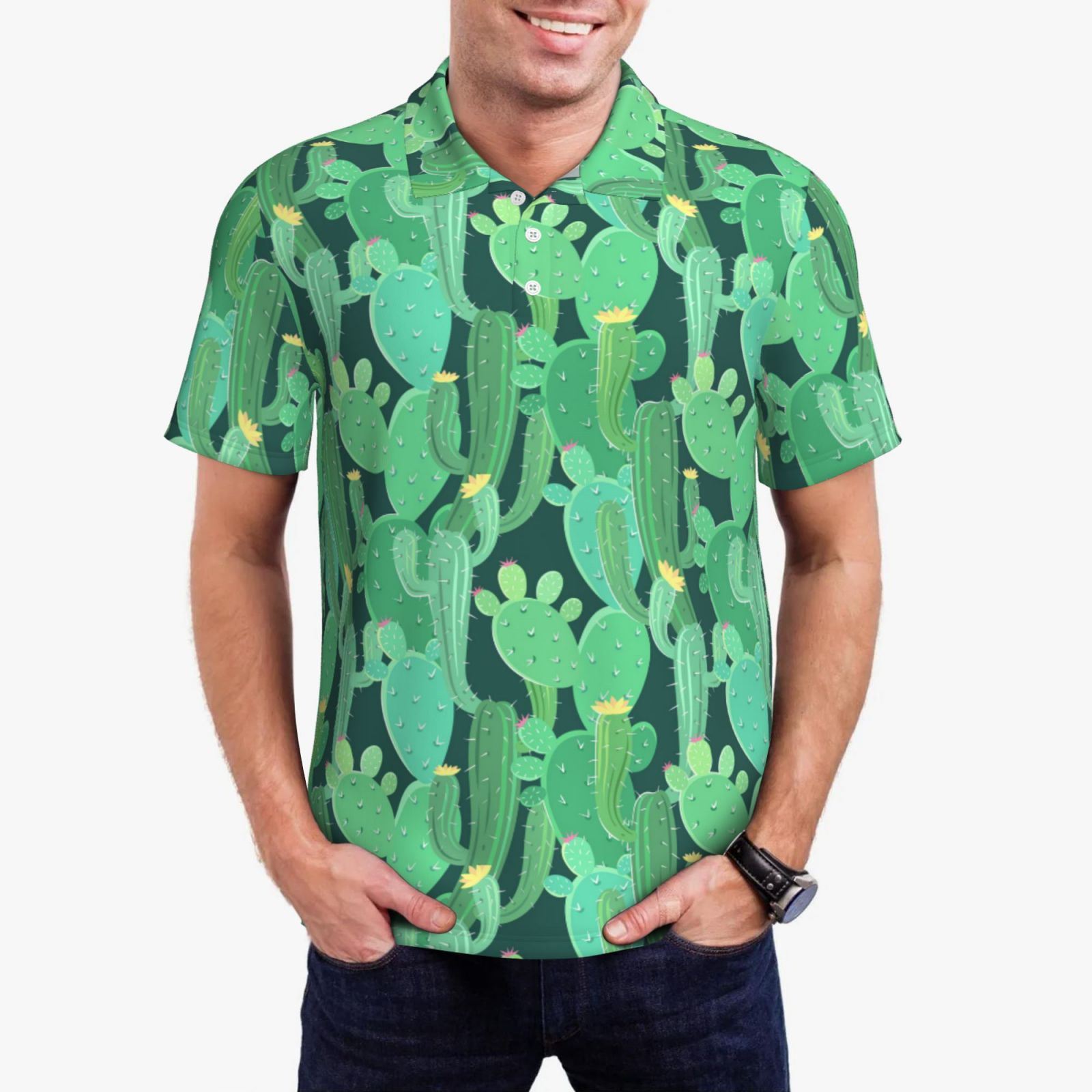 Polo Shirts for Men, Cactus green Pattern Cuteness Casual Mens Polo ...