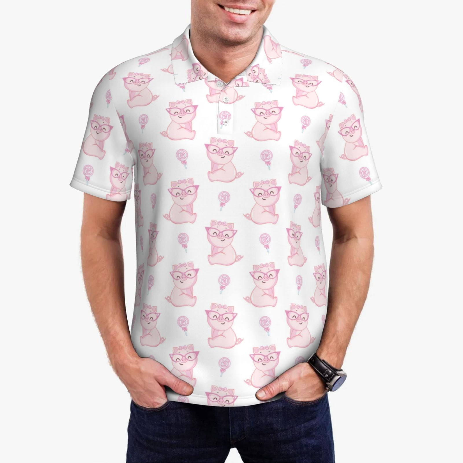 Polo Shirts for Men, Candy Cute Pig Pink Cuteness Casual Mens Polo ...