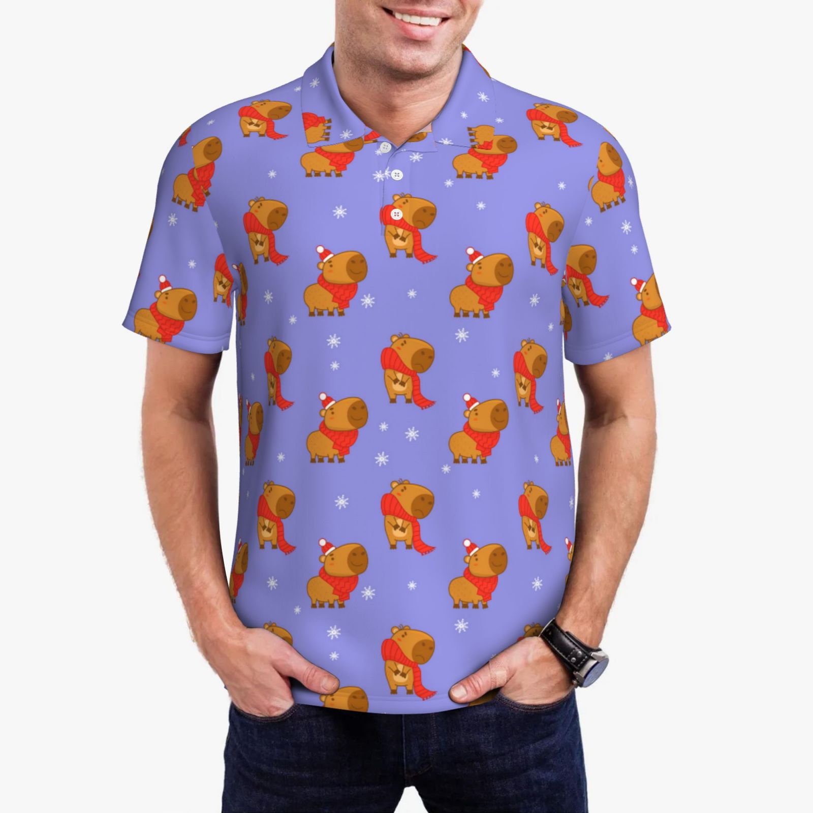 Polo Shirts for Men - Capybaras Christmas Mens Polo Shirts Short Sleeve ...
