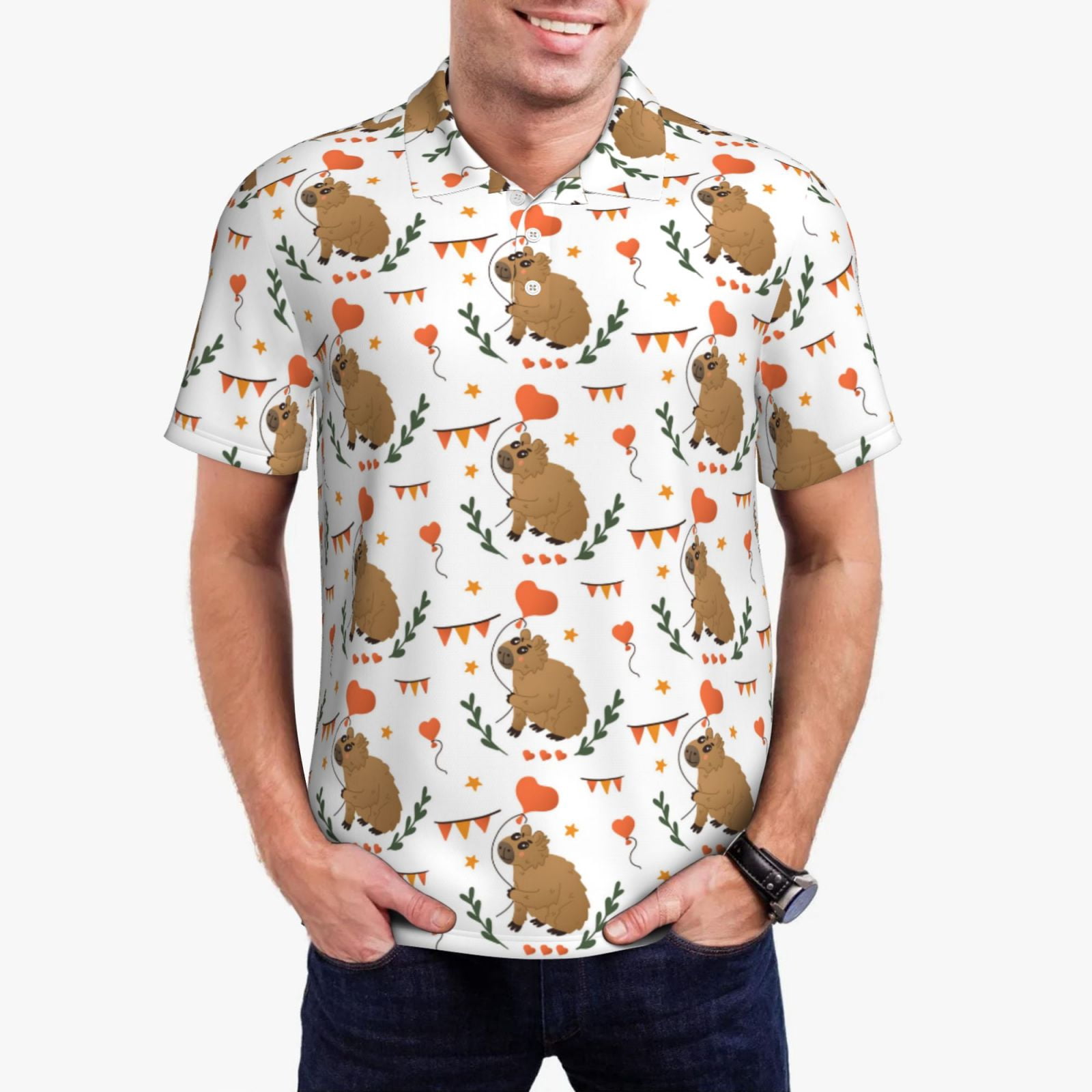 Polo Shirts for Men - Capybaras Heart Balloons Soft Comfort Breathable ...