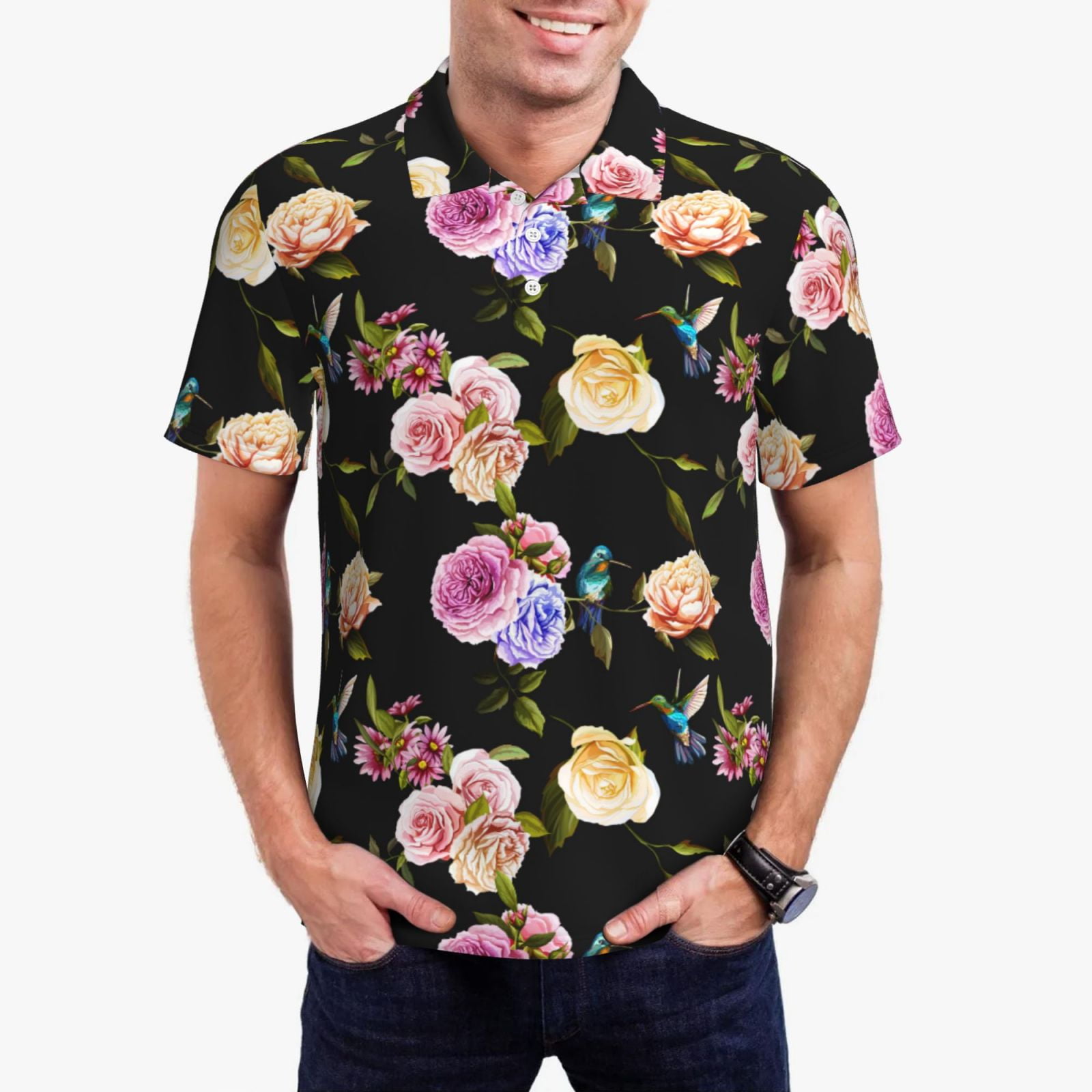 Polo Shirts for Men Carnation Hummingbird Black Casual Mens Short ...