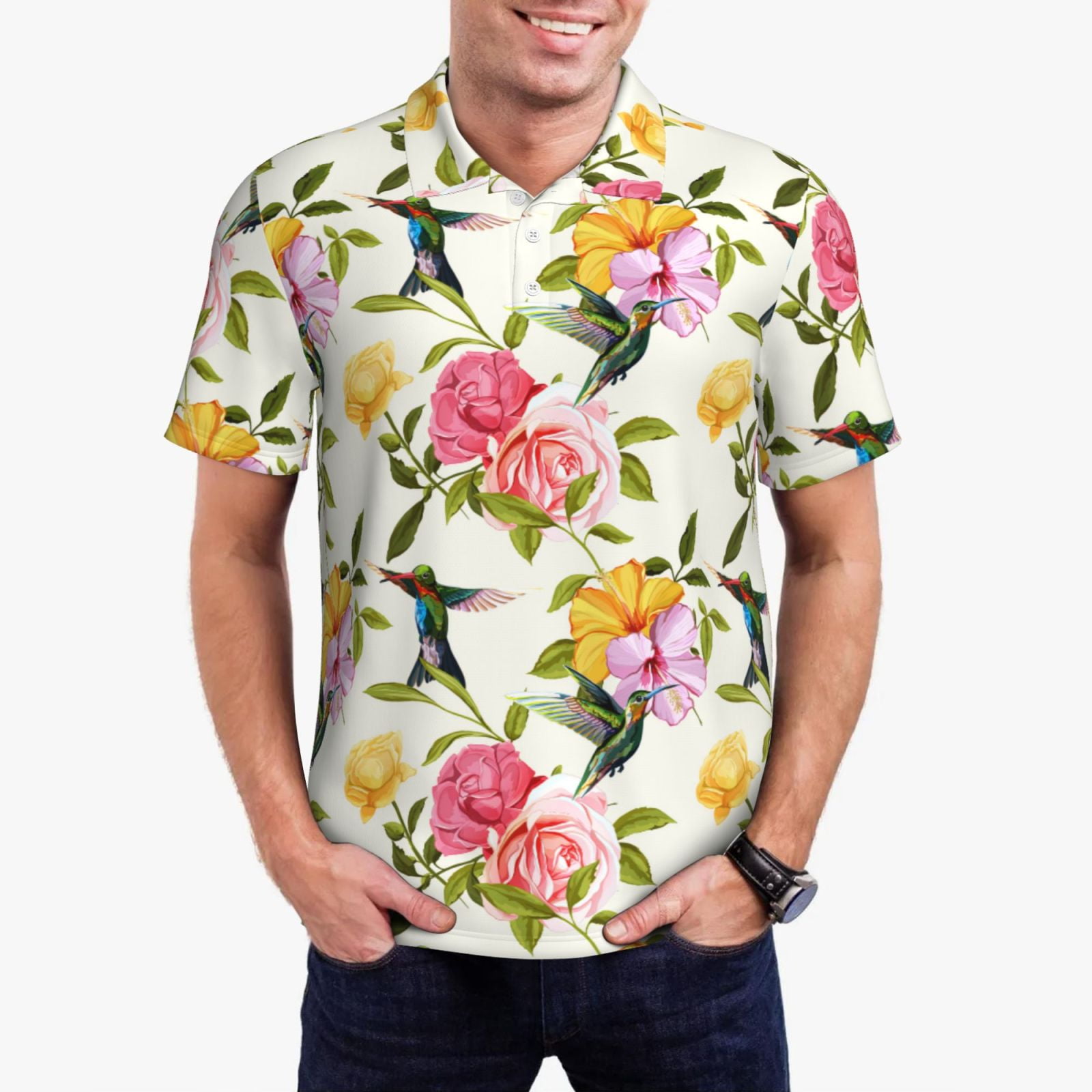 Polo Shirts for Men - Carnation Hummingbird Mens Polo Shirts Short ...