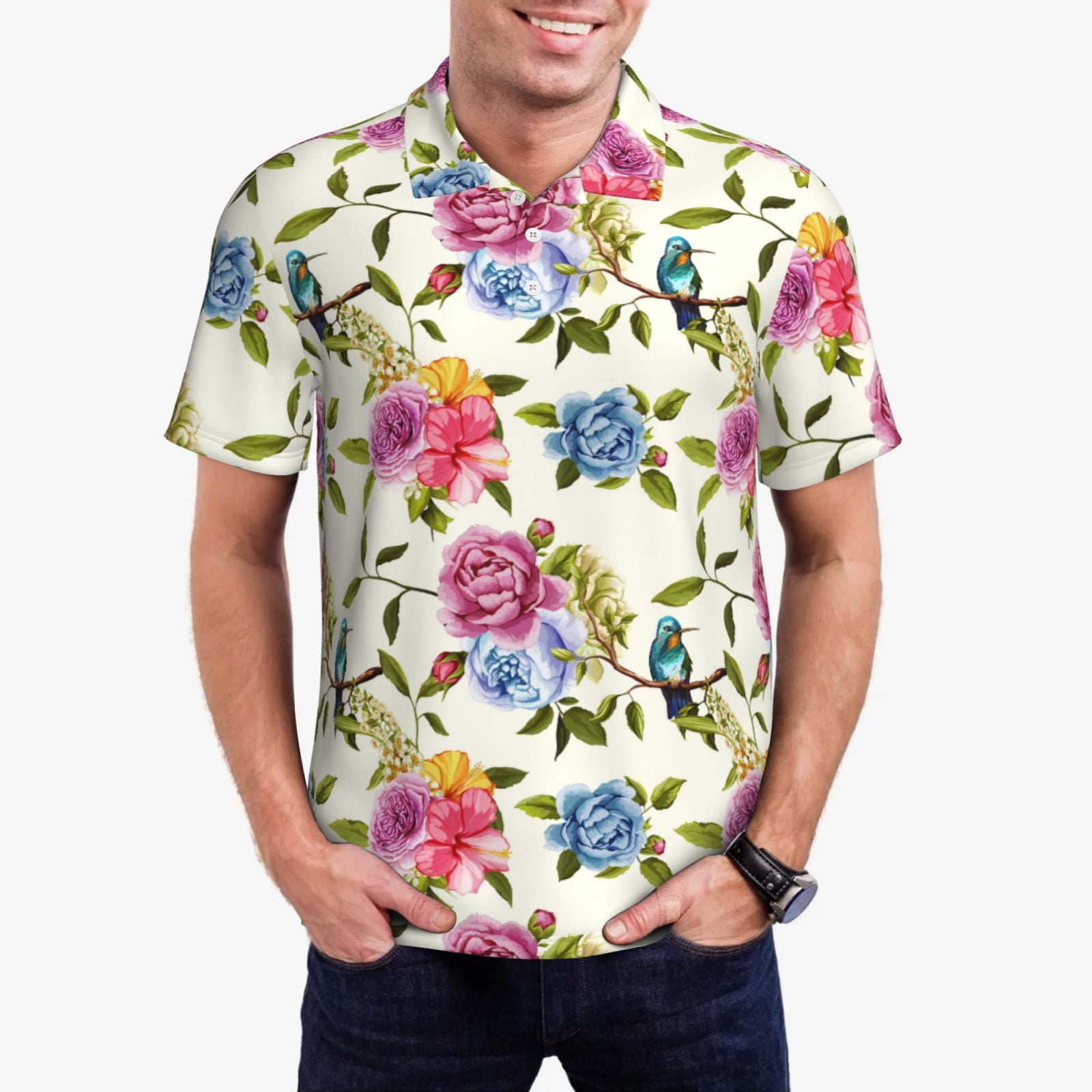 Polo Shirts for Men Carnation Hummingbird Pattern Casual Mens Short ...