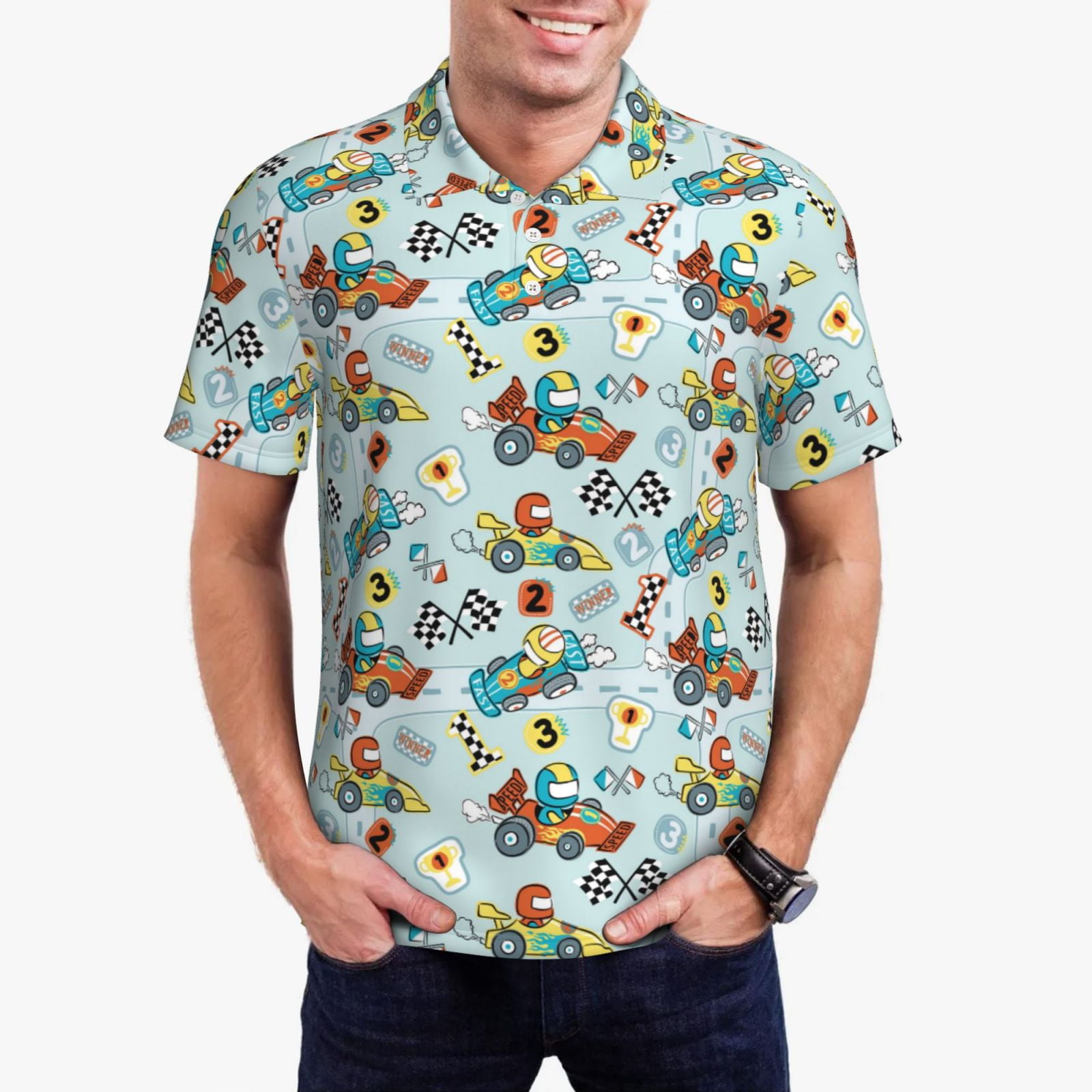 Polo Shirts for Men - Cartoon Car Racing Mens Polo Shirts Short Sleeve ...