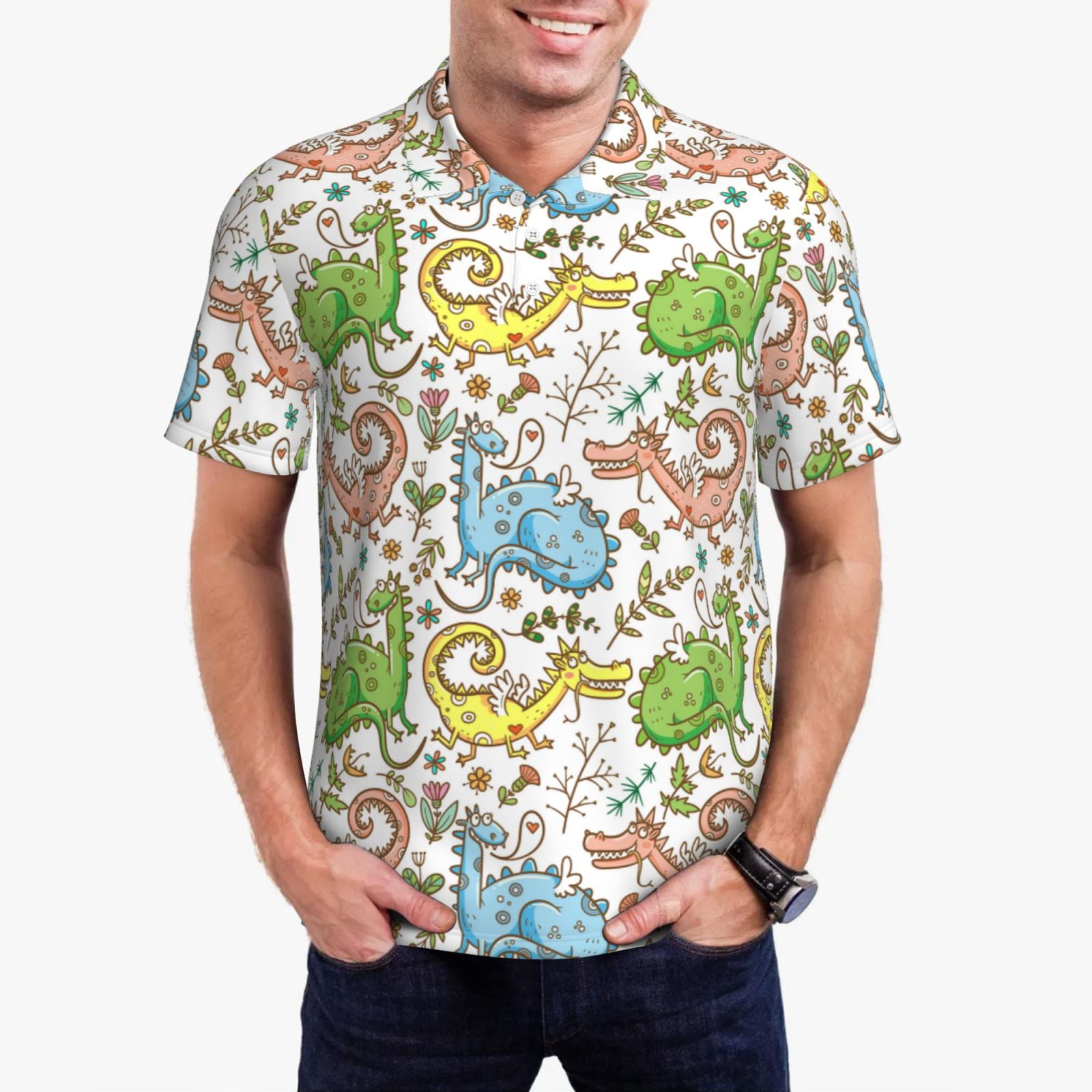 Polo Shirts for Men Cartoon Chameleon Lizard Flower Casual Mens Short ...