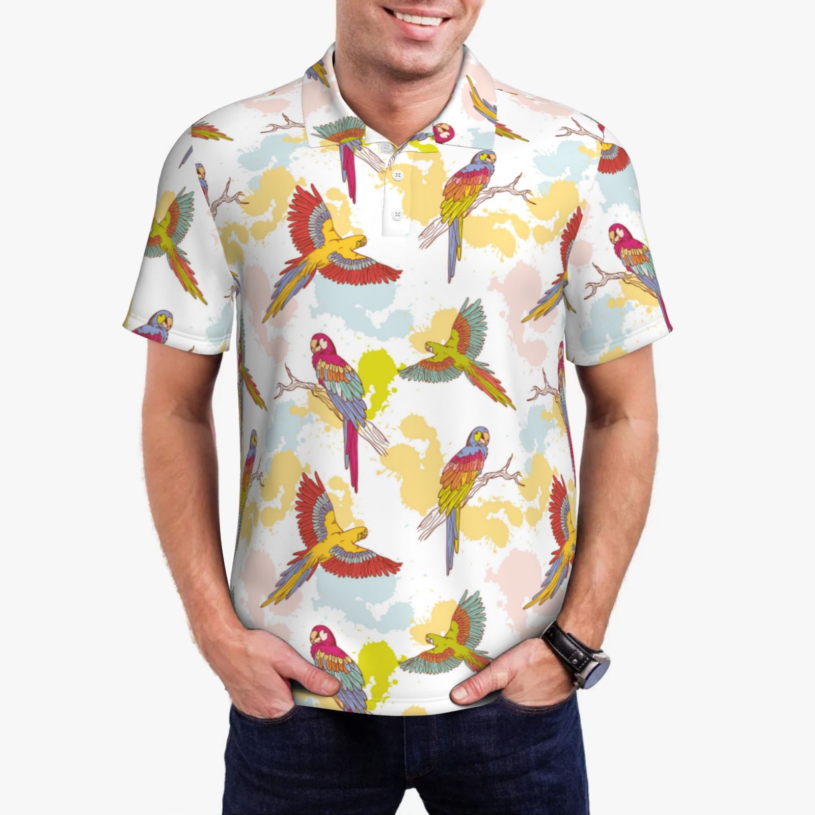 Polo Shirts for Men - Cartoon Colorful Cute Parrot Classic Mens Polo ...