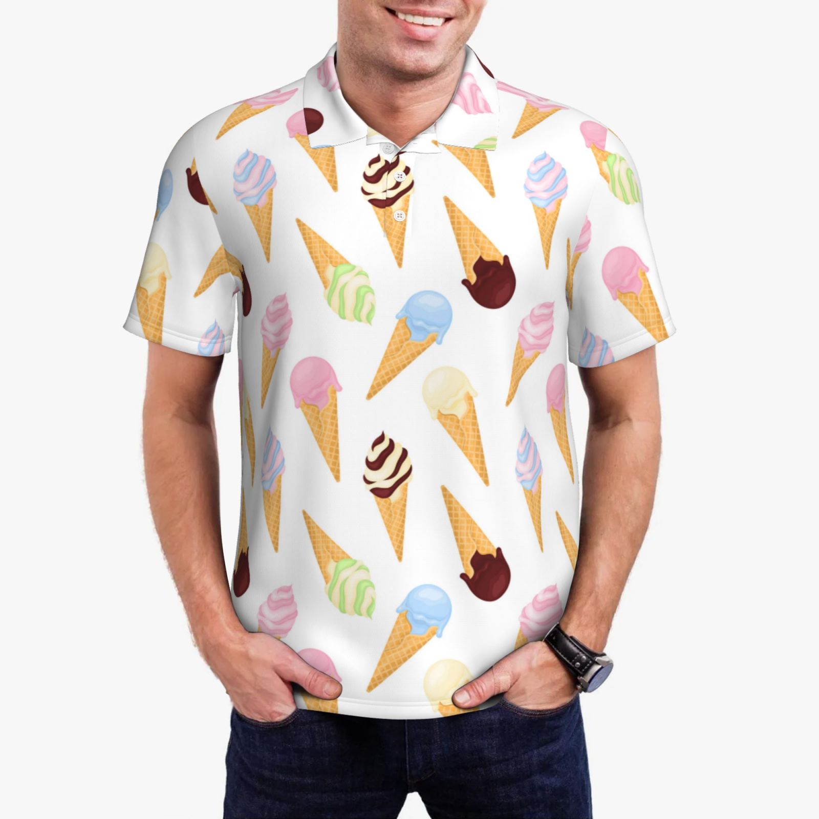 Polo Shirts for Men, Cartoon Colourful Ice Cream Cuteness Casual Mens ...