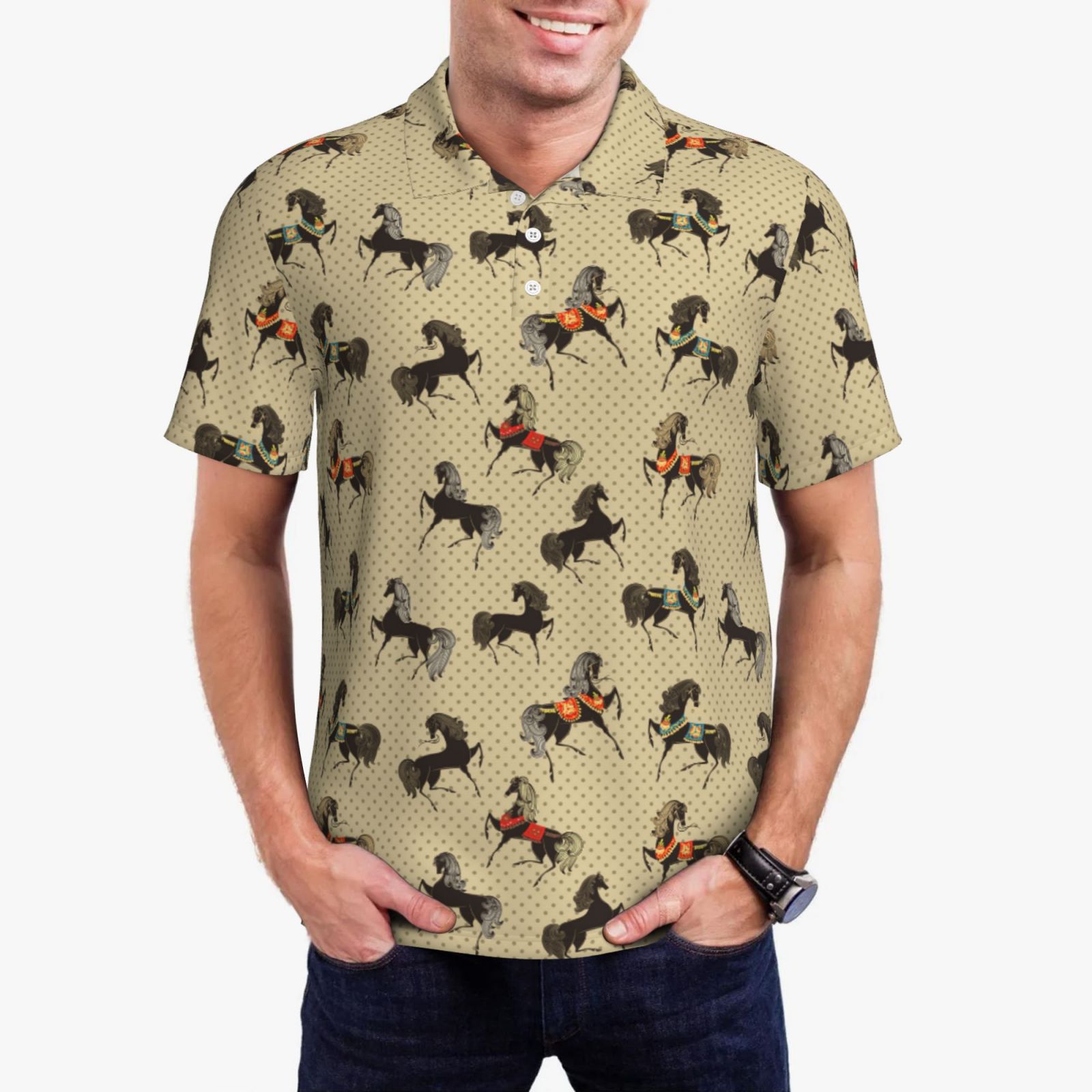Polo Shirts for Men, Cartoon Cool Horse Black Cuteness Casual Mens Polo ...