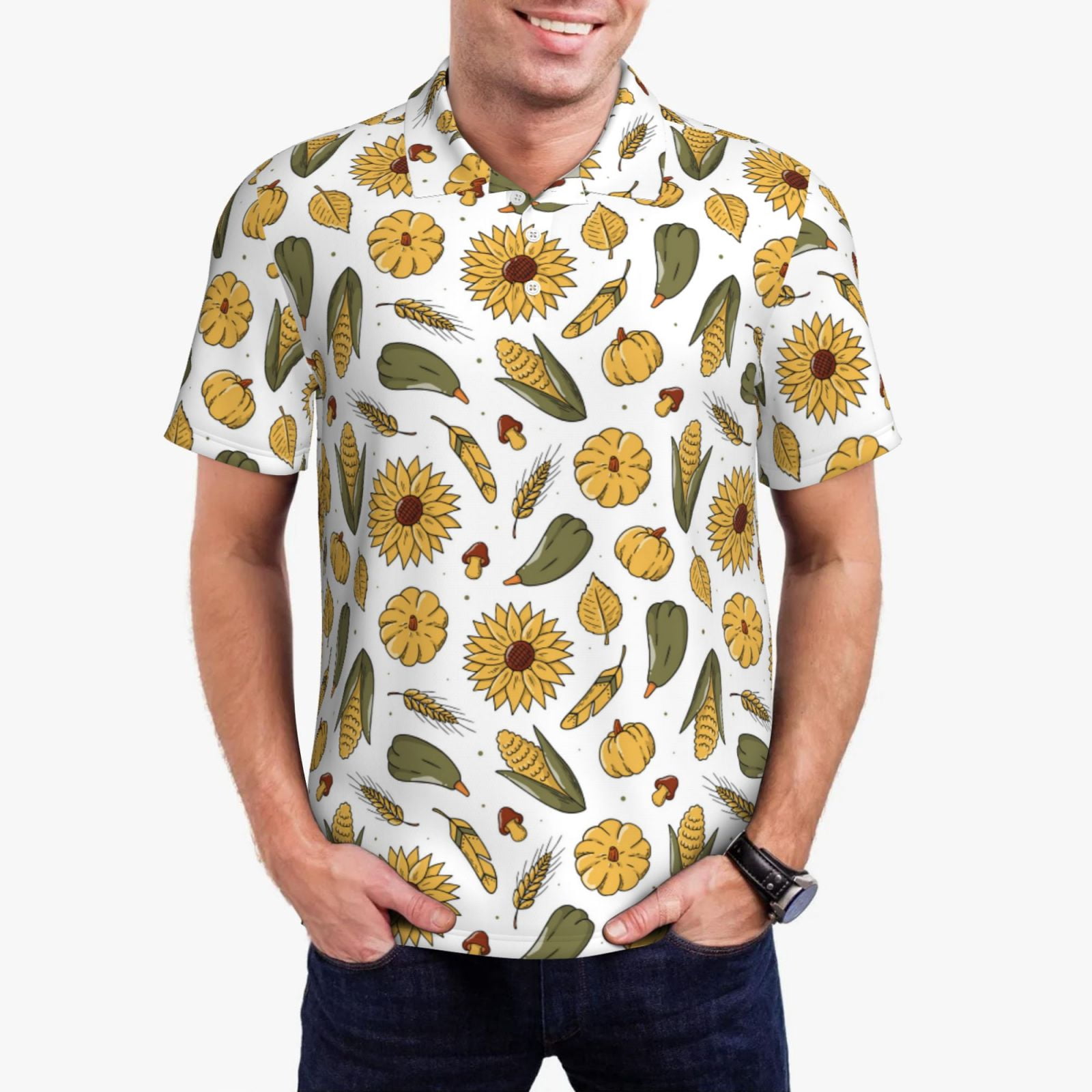 Polo Shirts for Men - Cartoon Corn Pumpkin Sunflower Classic Mens Polo ...