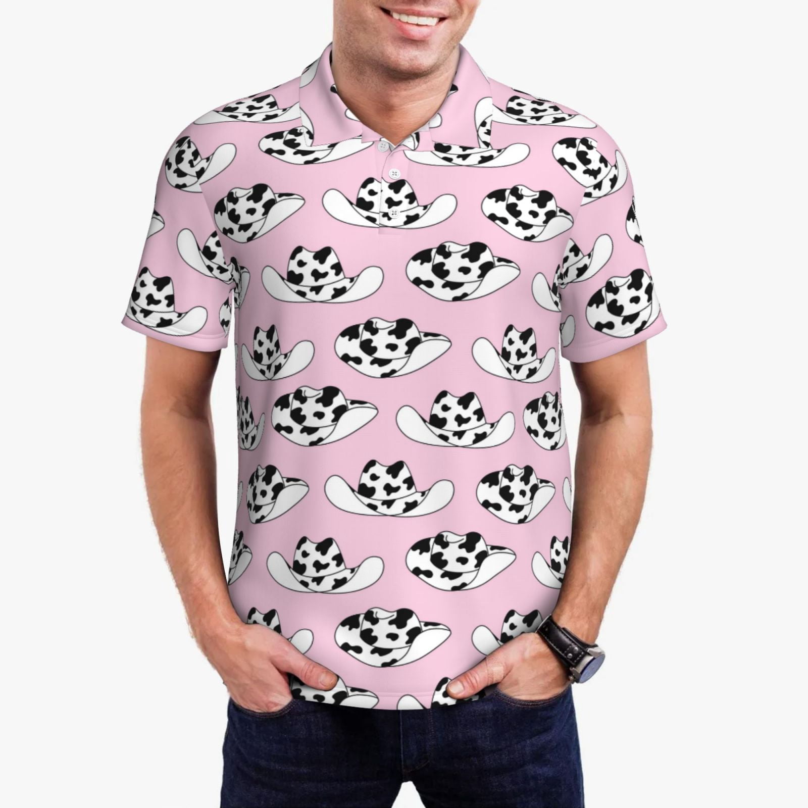 Polo Shirts for Men - Cartoon Cow Print Cowboy Hat Classic Mens Polo ...
