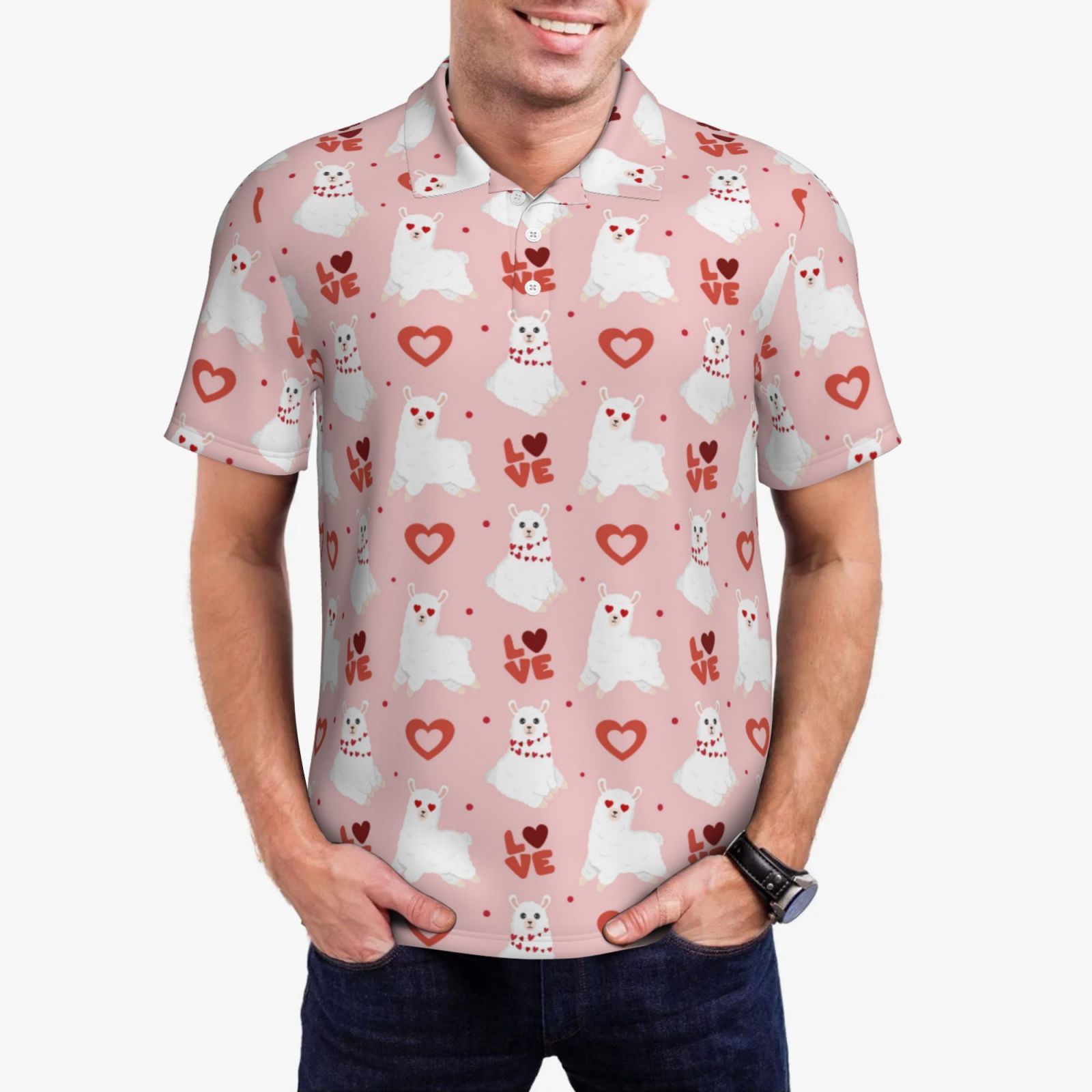 Polo Shirts for Men, Cartoon Cute Alpacas Love Pink Cuteness Casual ...