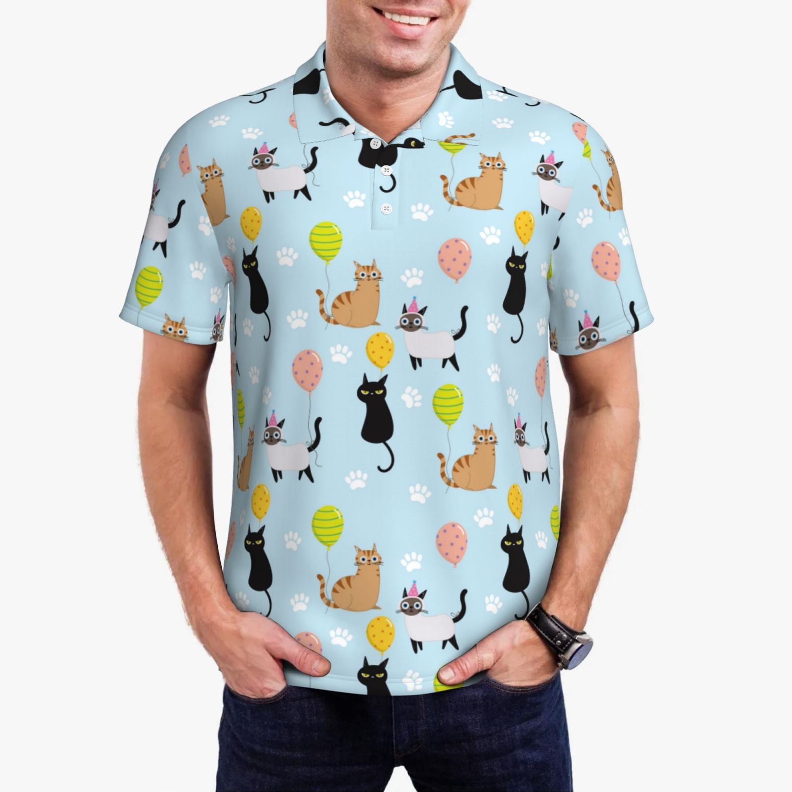 Polo Shirts for Men Cartoon Cute Cat Colorful Balloons Casual Mens ...