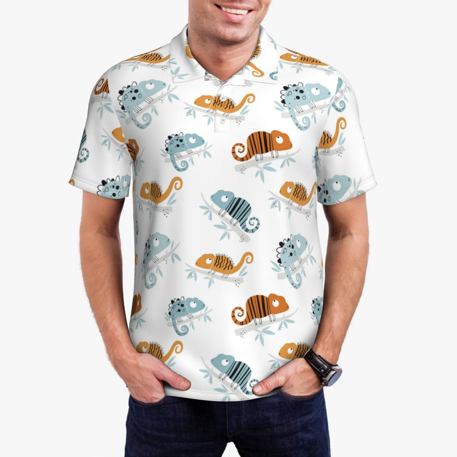 Polo Shirts for Men, Cartoon Cute Chameleon Lizard_C Cuteness Casual ...