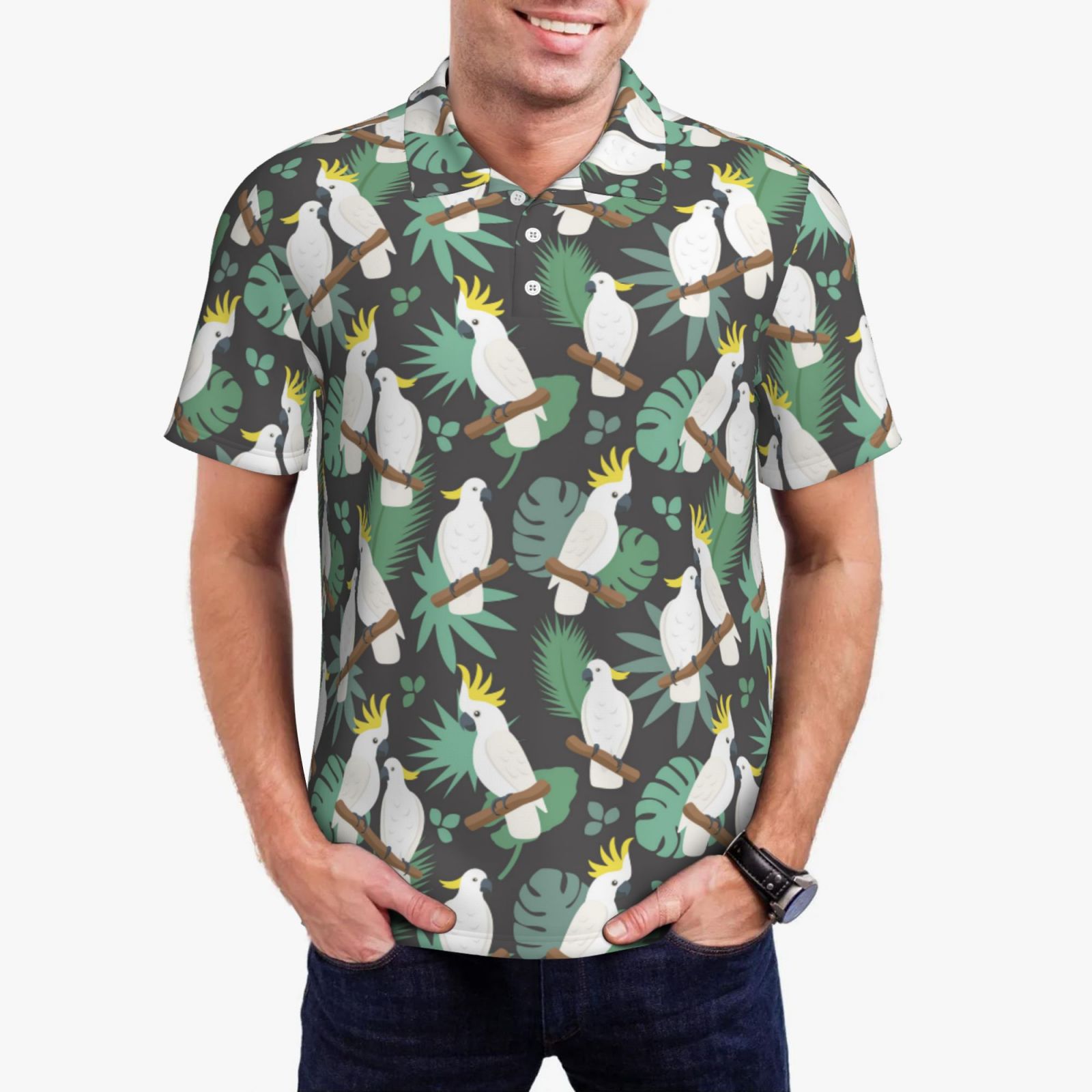 Polo Shirts for Men - Cartoon Cute Cockatoo Parrot Mens Polo Shirts ...