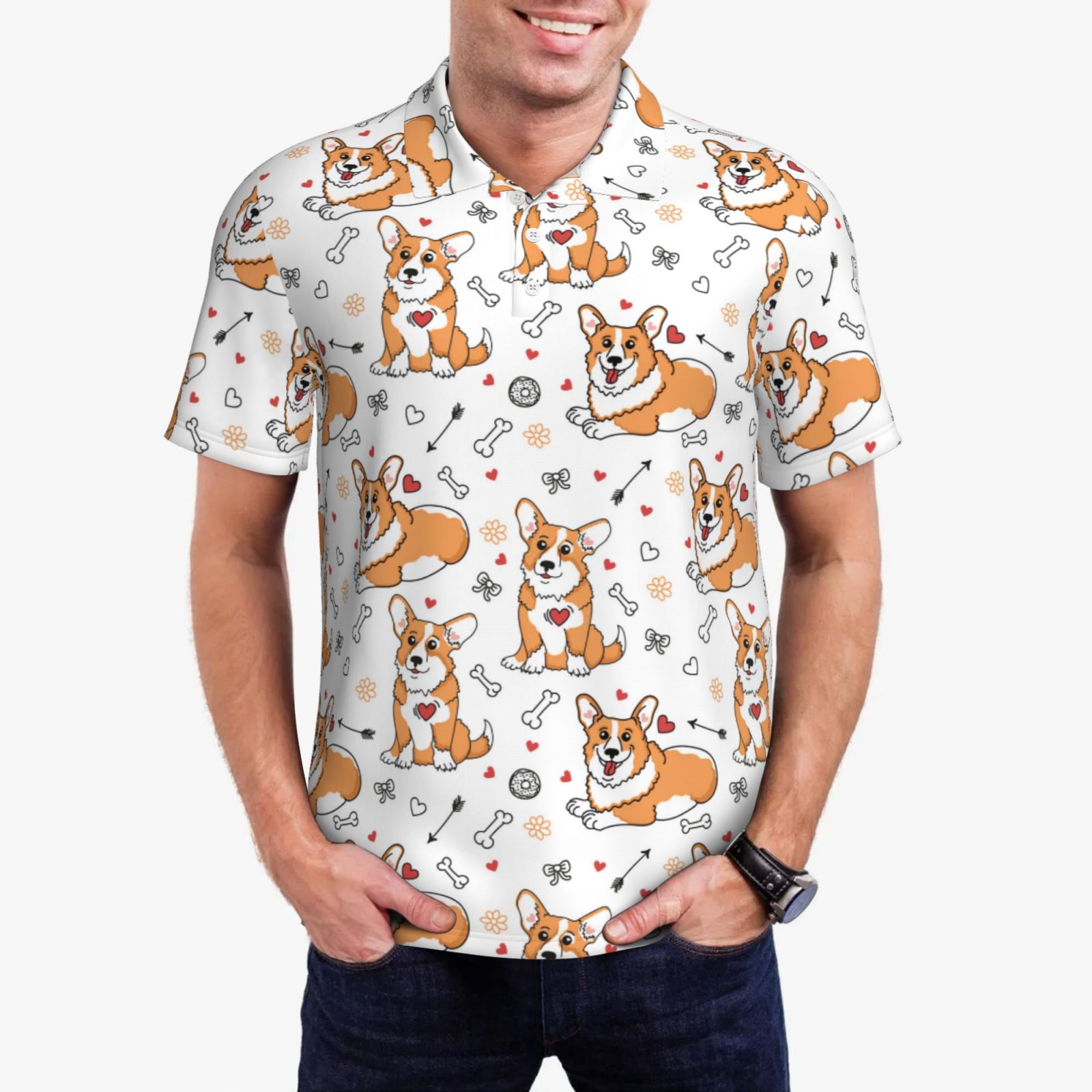 Polo Shirts for Men - Cartoon Cute Corgi Dog Love Classic Mens Polo ...