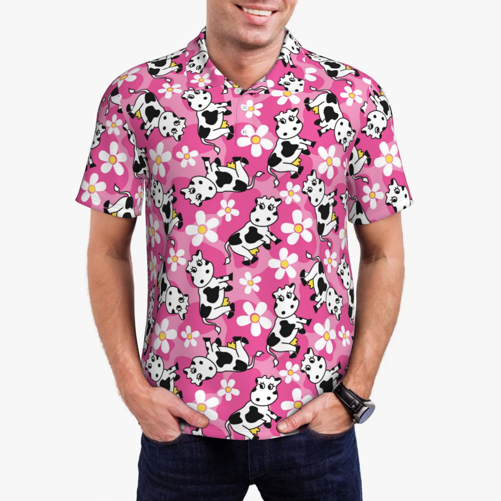Polo Shirts for Men, Cartoon Cute Cow Flower Pink Cuteness Casual Mens ...