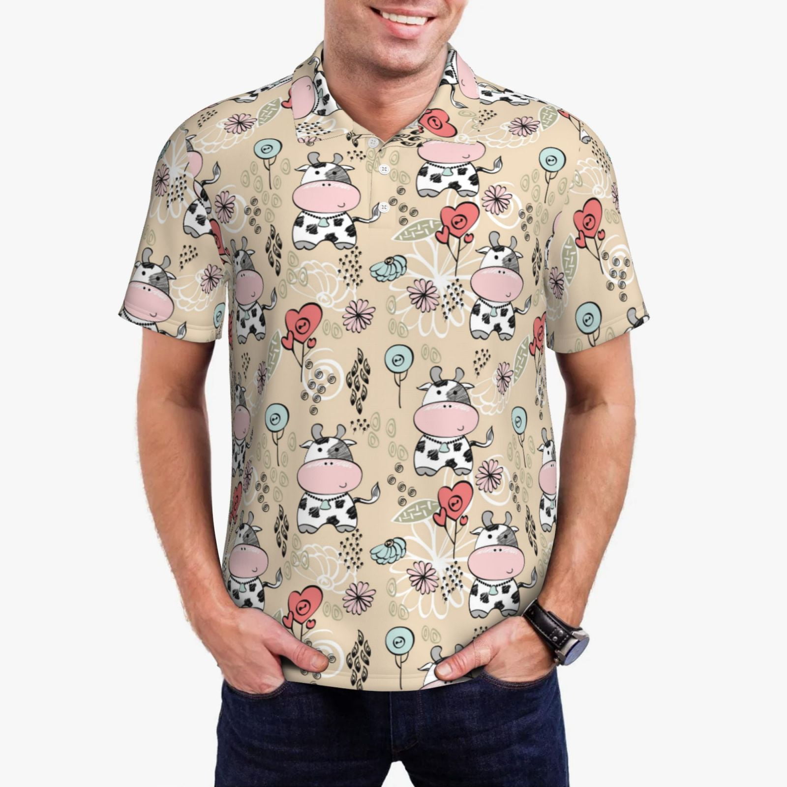 Polo Shirts for Men Cartoon Cute Cow Love Casual Mens Short Sleeve Polo ...