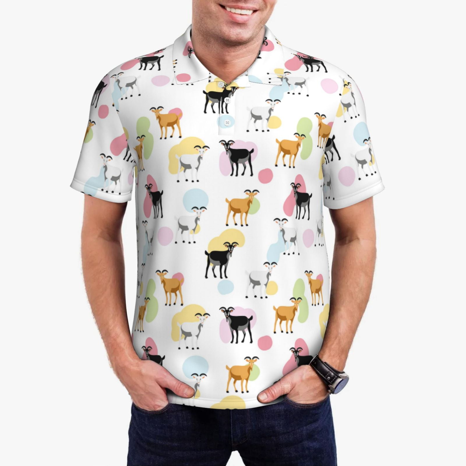 Polo Shirts for Men - Cartoon Cute Goat Colorful Mens Polo Shirts Short ...