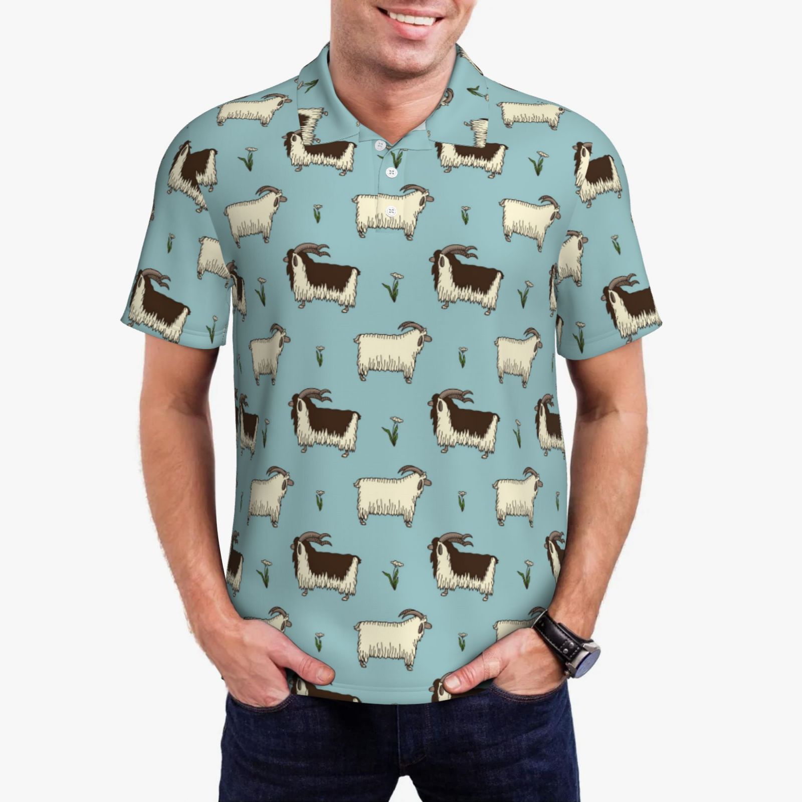 Polo Shirts for Men - Cartoon Cute Goat Flower Classic Mens Polo Shirts ...