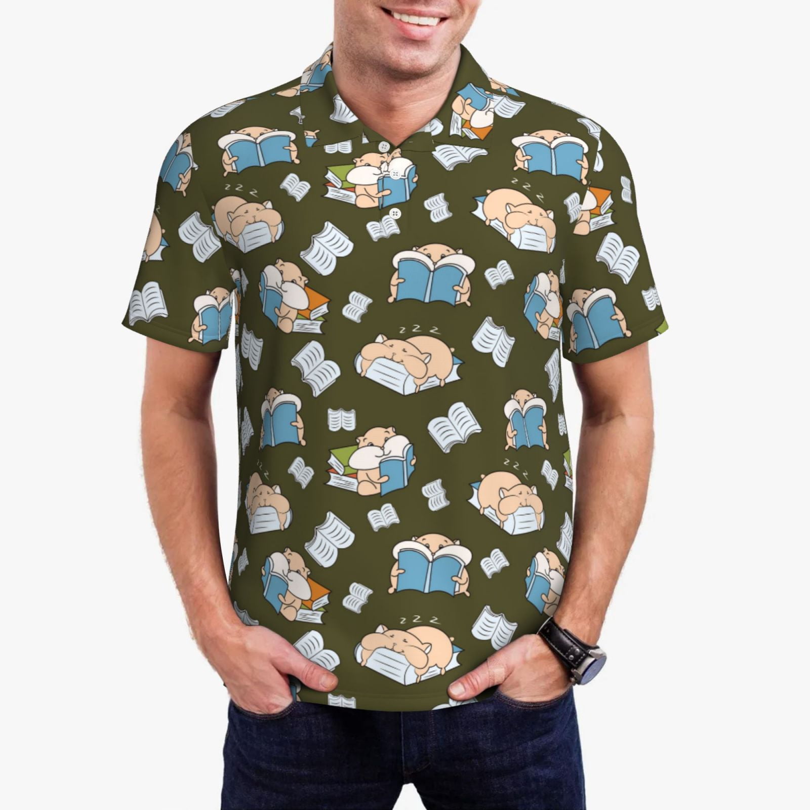 Polo Shirts for Men, Cartoon Cute Hamster Reading Cuteness Casual Mens ...