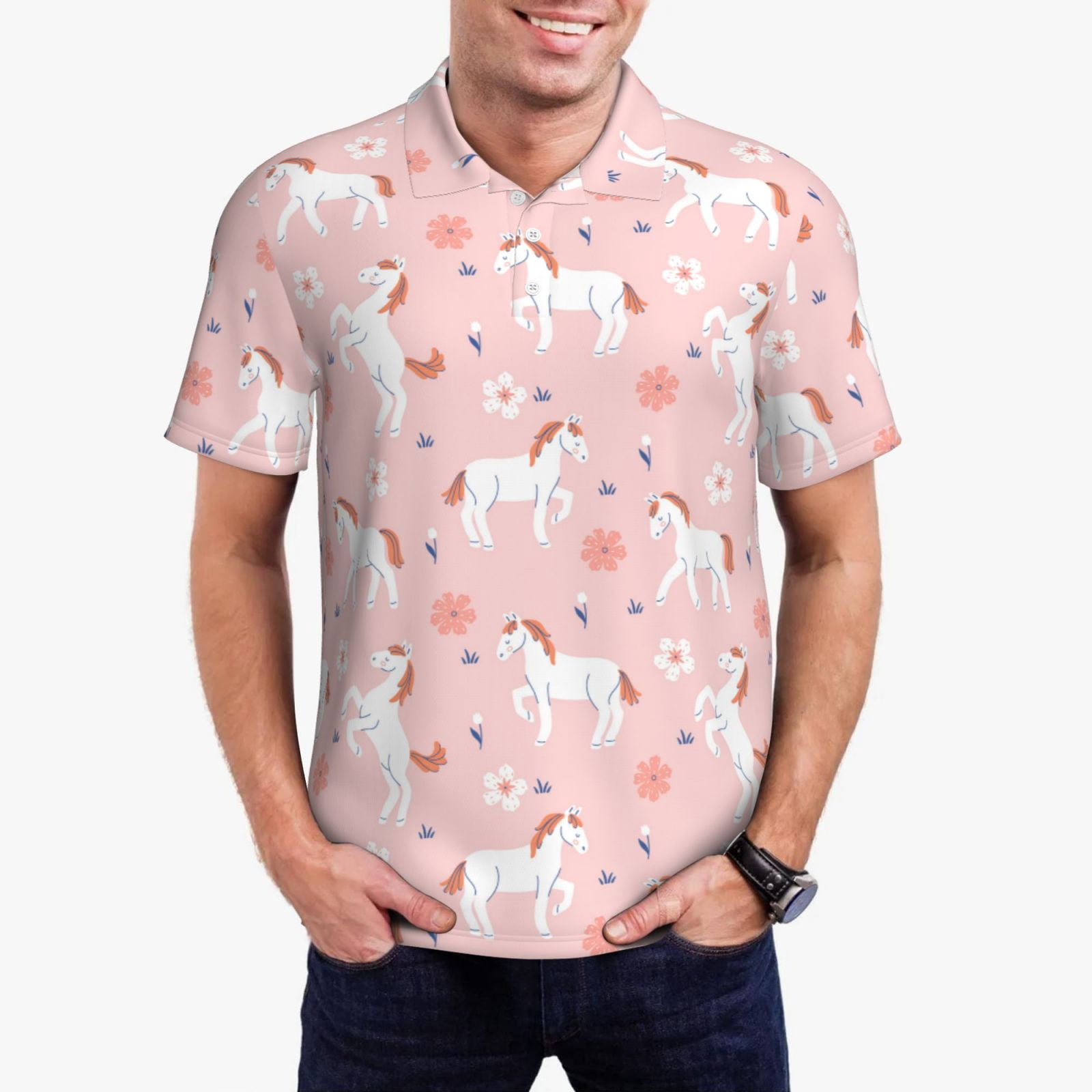 Polo Shirts for Men, Cartoon Cute Horse Flower Pink Cuteness Casual ...