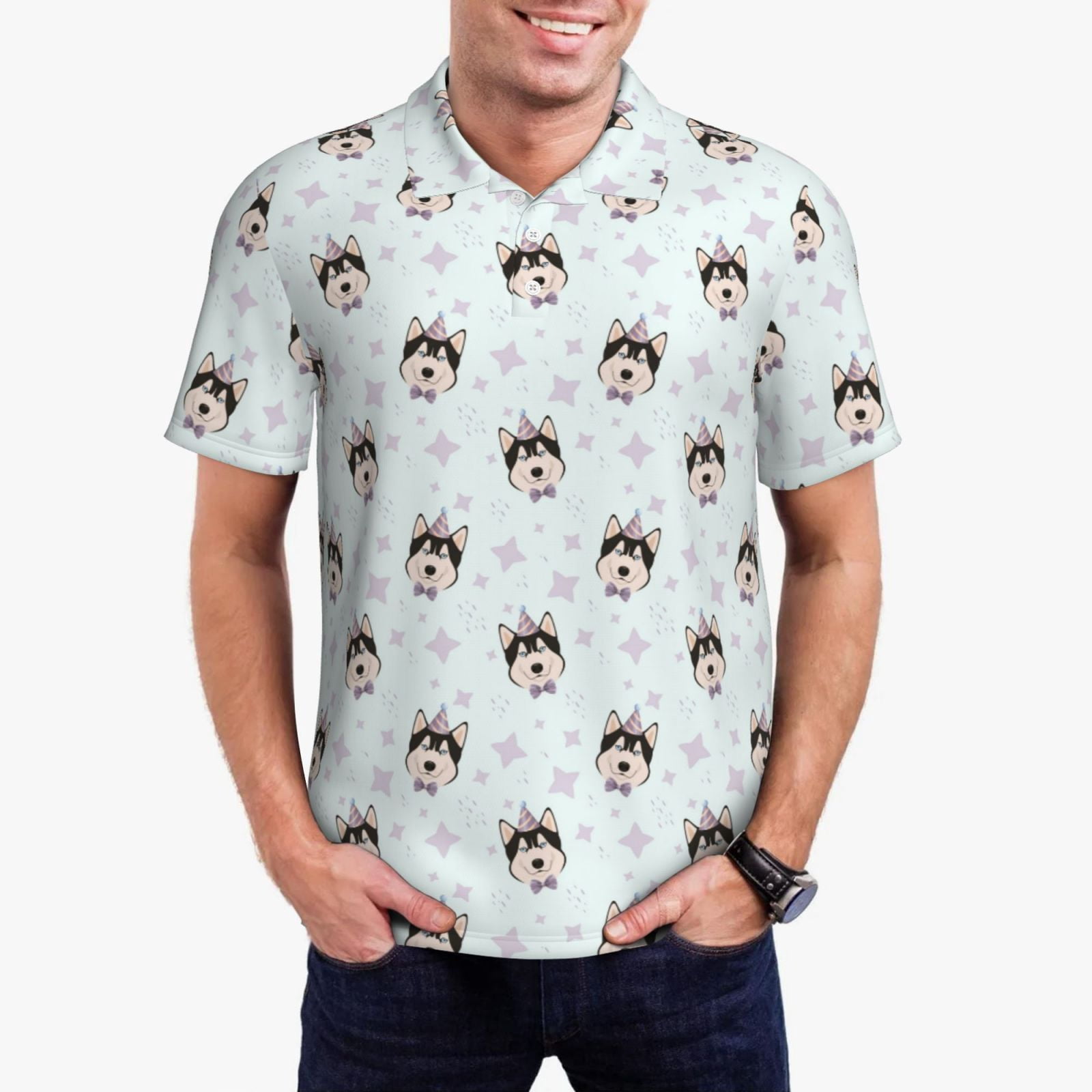 Polo Shirts for Men - Cartoon Cute Husky Dog Gift Star Mens Polo Shirts ...