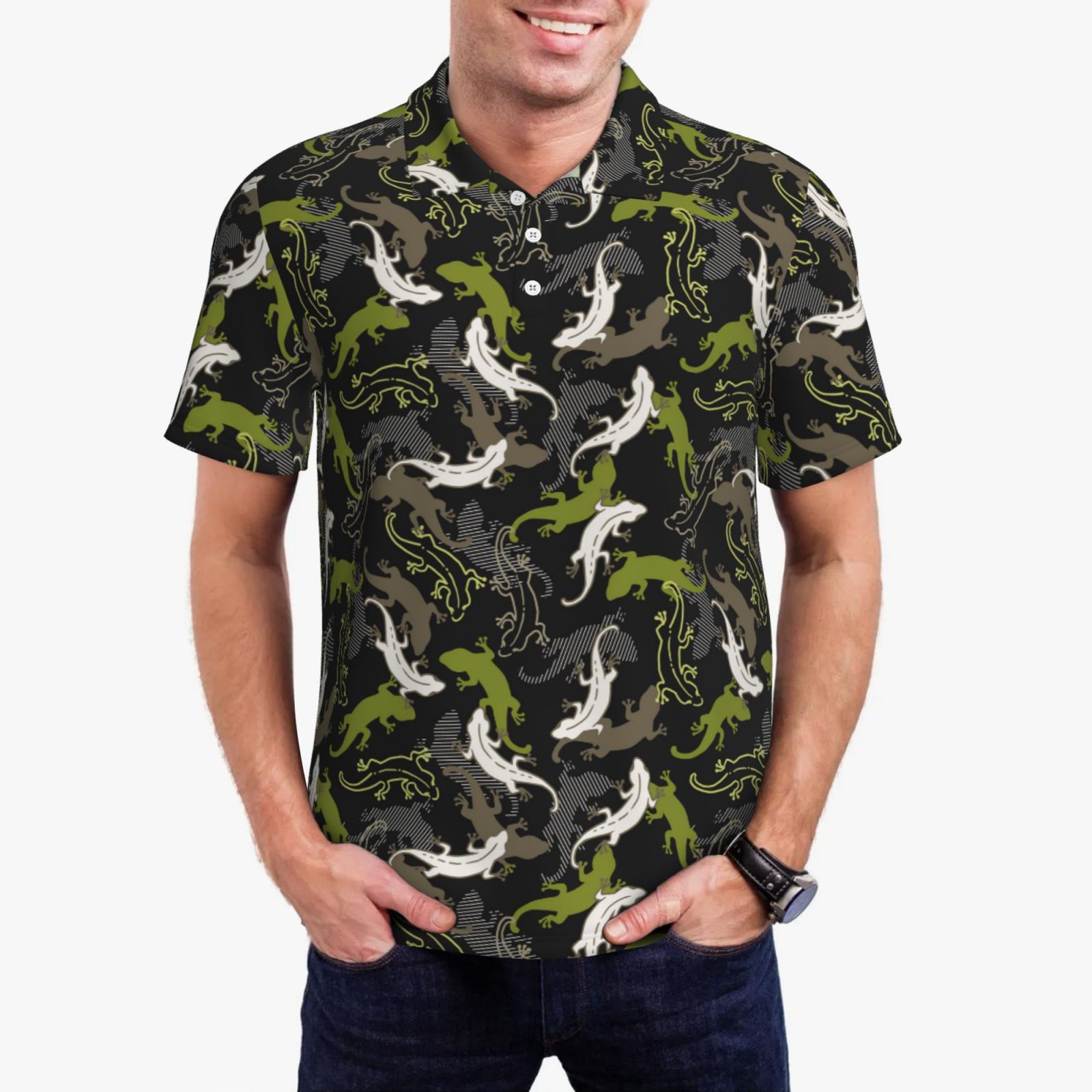 Polo Shirts for Men - Cartoon Cute Lizard Gecko Green Classic Mens Polo ...