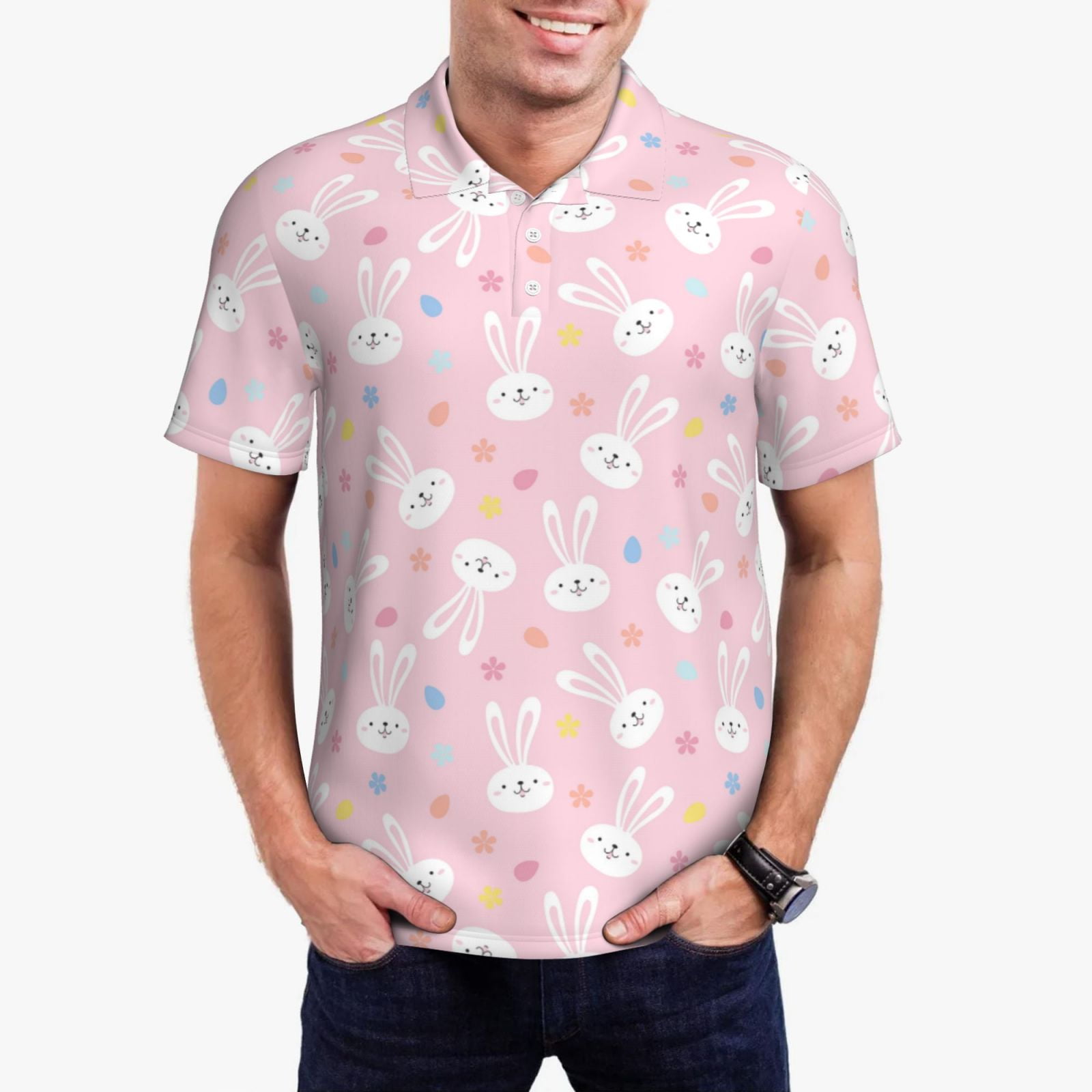 Polo Shirts for Men - Cartoon Cute Rabbit Pink Flower Mens Polo Shirts ...